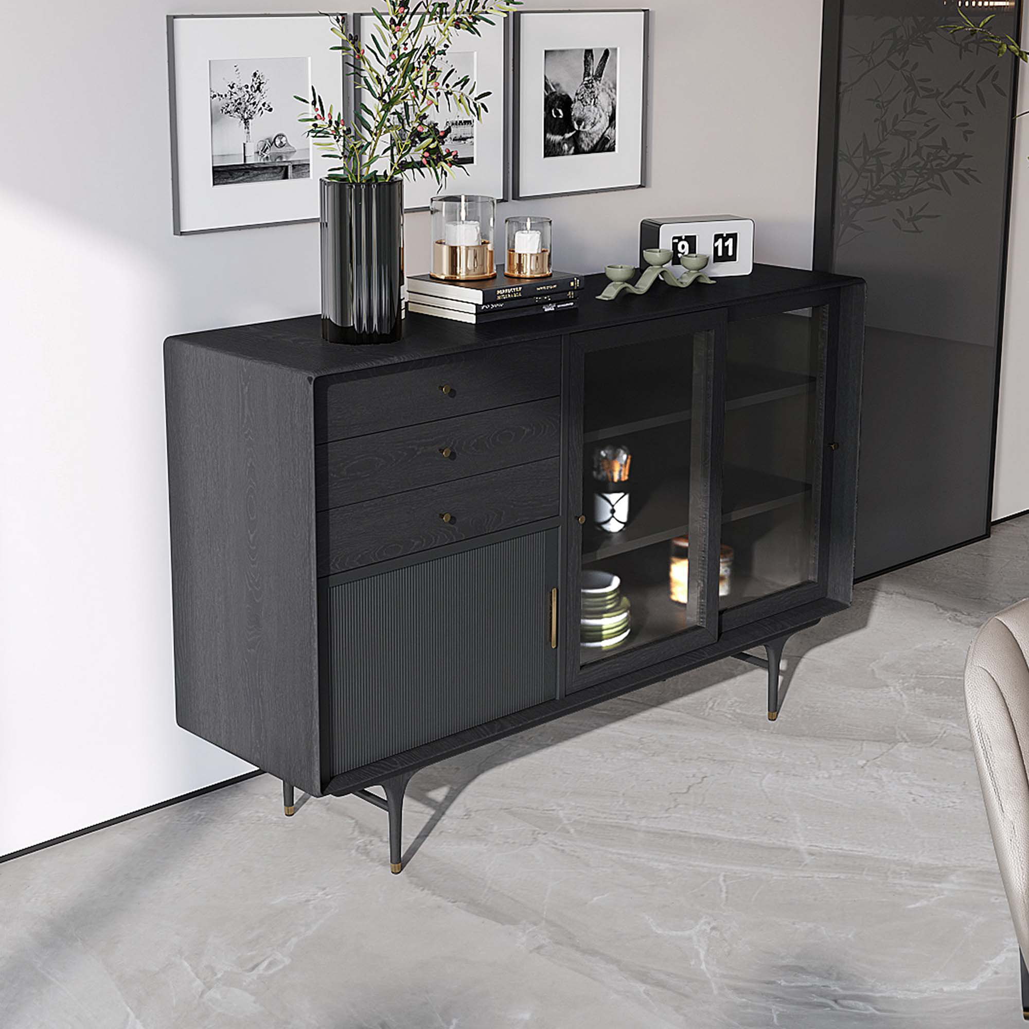 Corrigan Studio® Black Wood Glass Door Dining Server | Wayfair