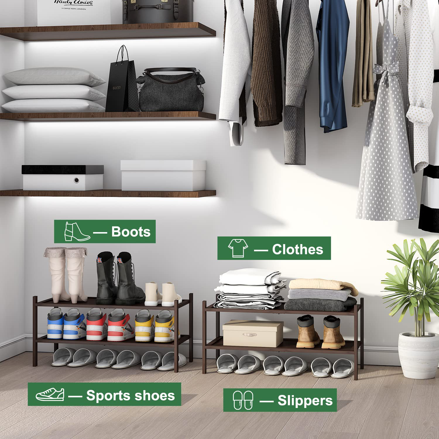 Ebern Designs Stackable 2-Tier Shoe Rack 27" - Organize Your Bedroom ...