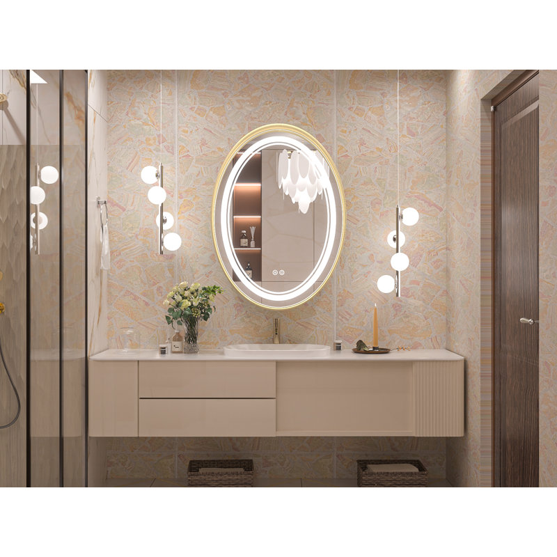 Orren Ellis Vinia Oval LED Lighted Bathroom Vanity Mirror Dimmable and ...