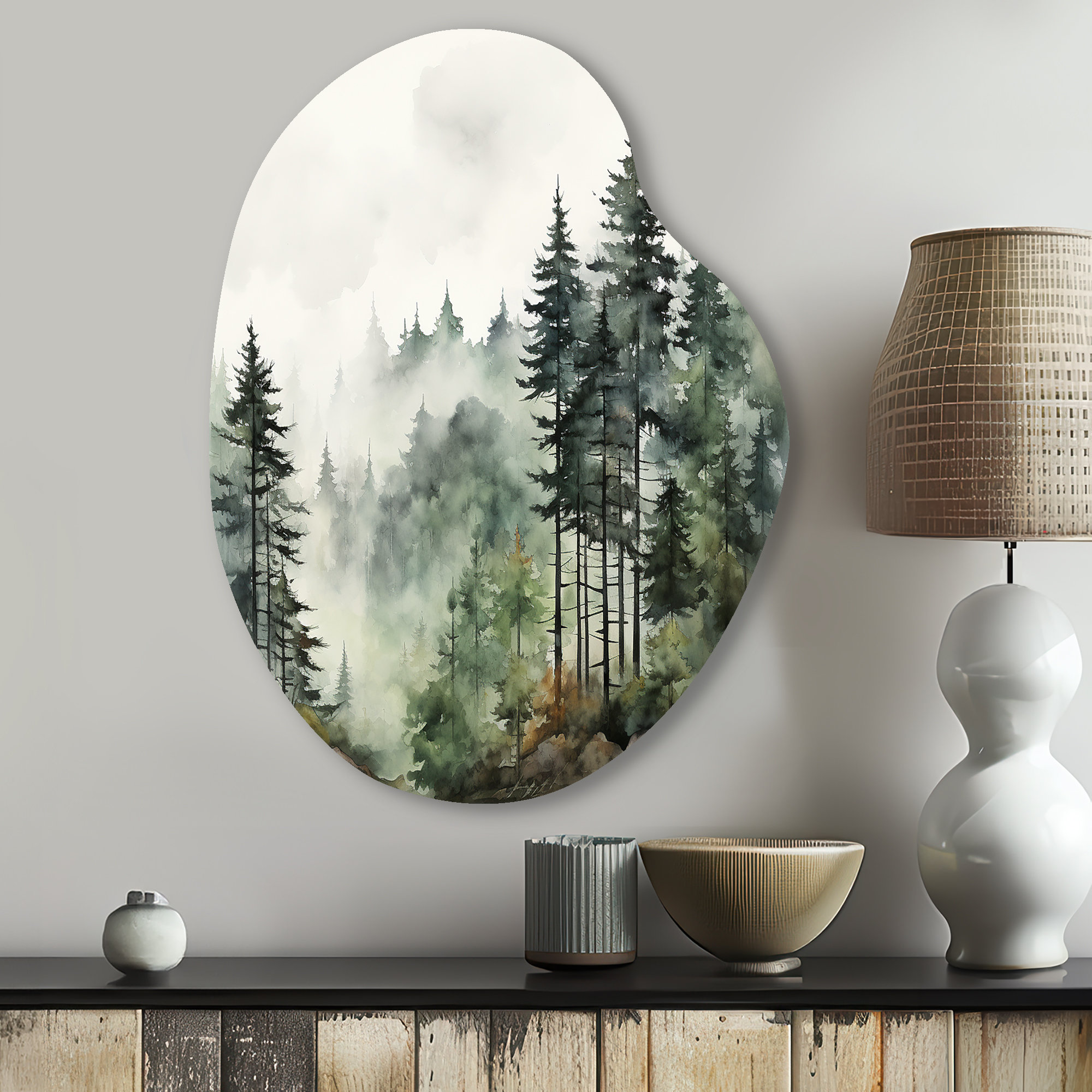 Design Art Pine Tree Misty Morning I - Tree Pine Pear Shape Irregular ...