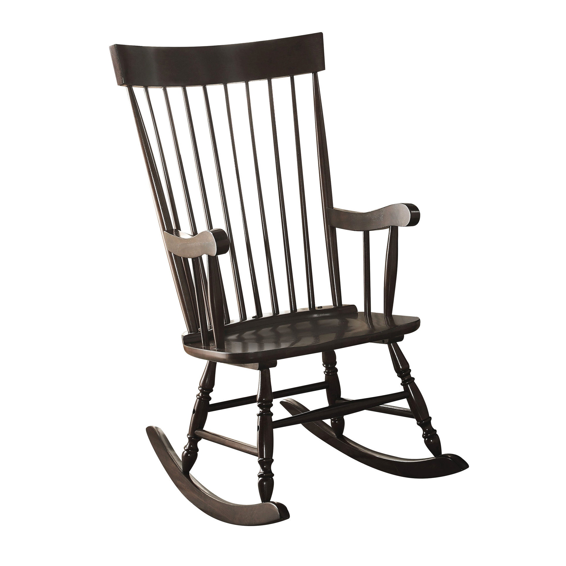 Gracie Oaks Black Rocking Chair, Spindle Back And Turned Leg Supports ...
