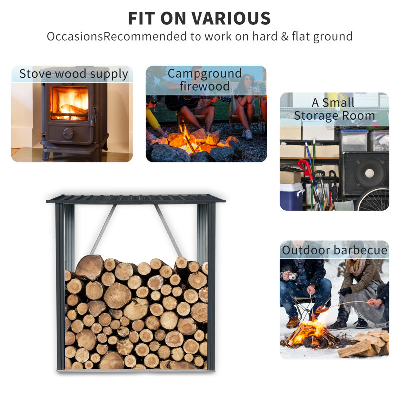 iYofe Outdoor Black Steel Firewood Rack - Open Wood Shed With Sloped ...