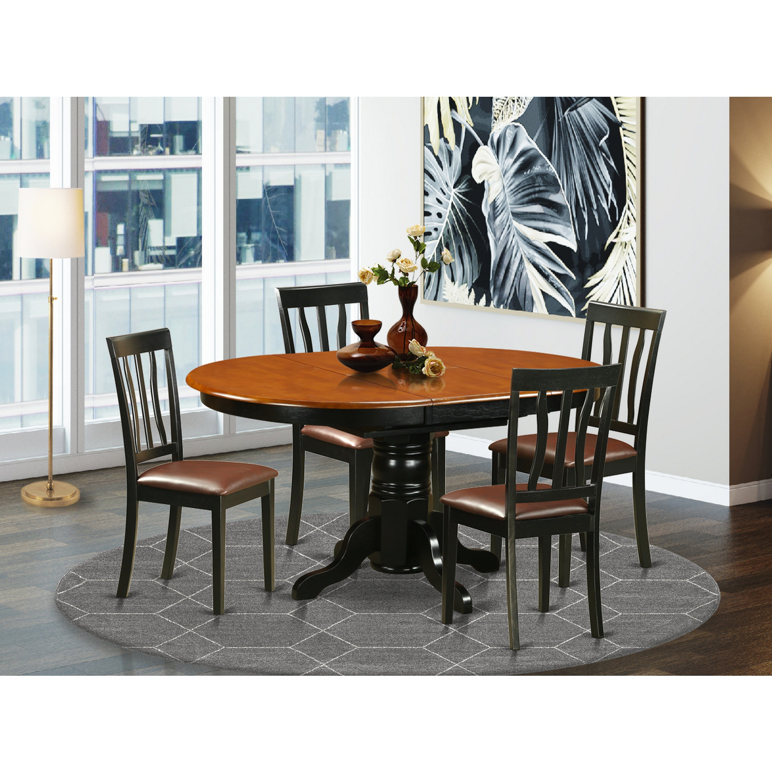 Canora Grey 5-Piece Oval Black Finish Solid Wood Top Dining table with ...