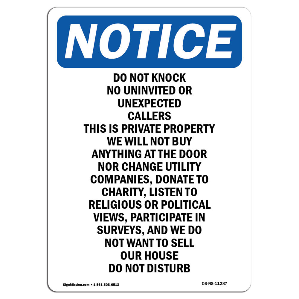 SignMission Osha Notice - Do Not Knock No Uninvited or Unexpected Sign ...