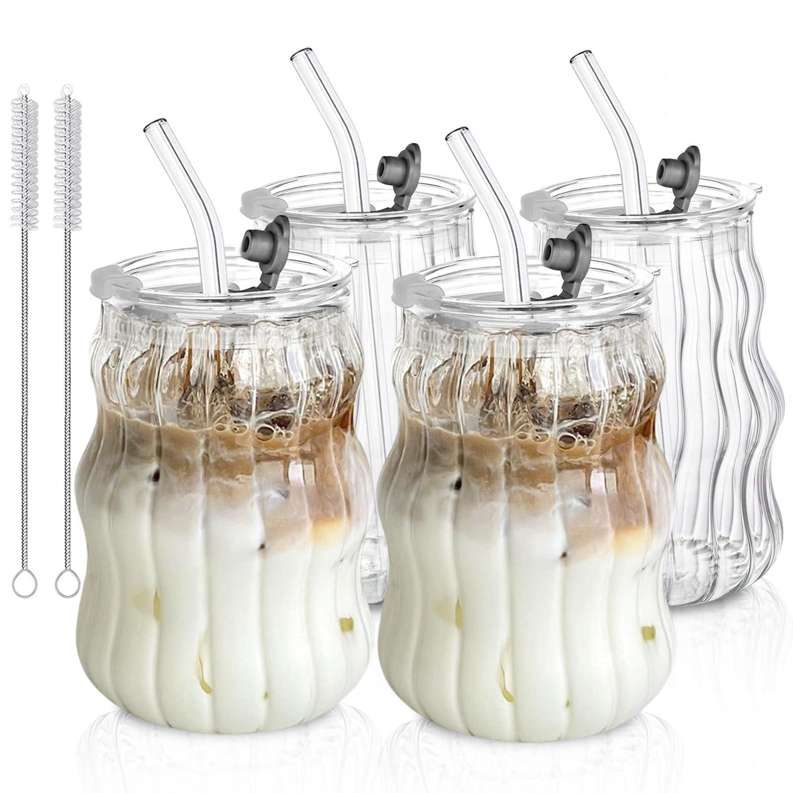 Corrigan Studio® Ribbed Glass Cups With Lids & Straws,Vintage Wavy ...