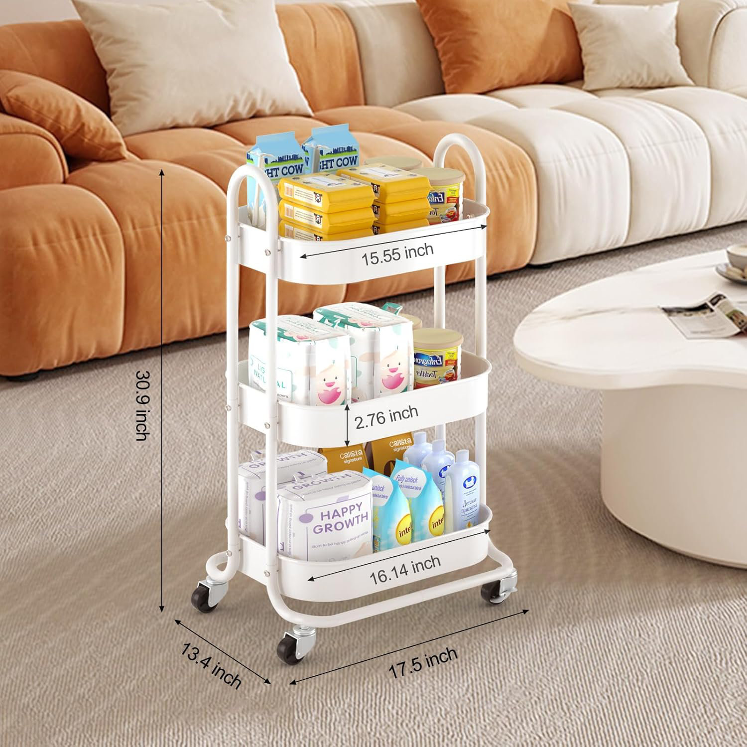 SIPIROT 3 Tier Rolling Cart, Round Metal Utility Cart with Lockable ...