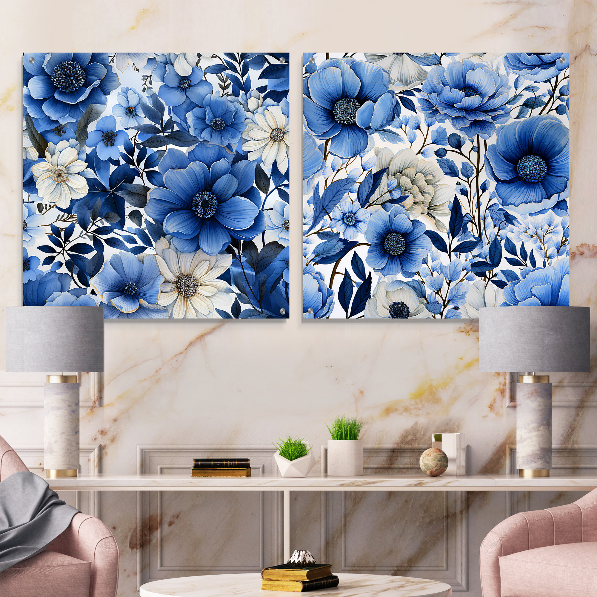 Design Art Blue Watercolor Eccentric Floral Pattern - Floral Acrylic ...