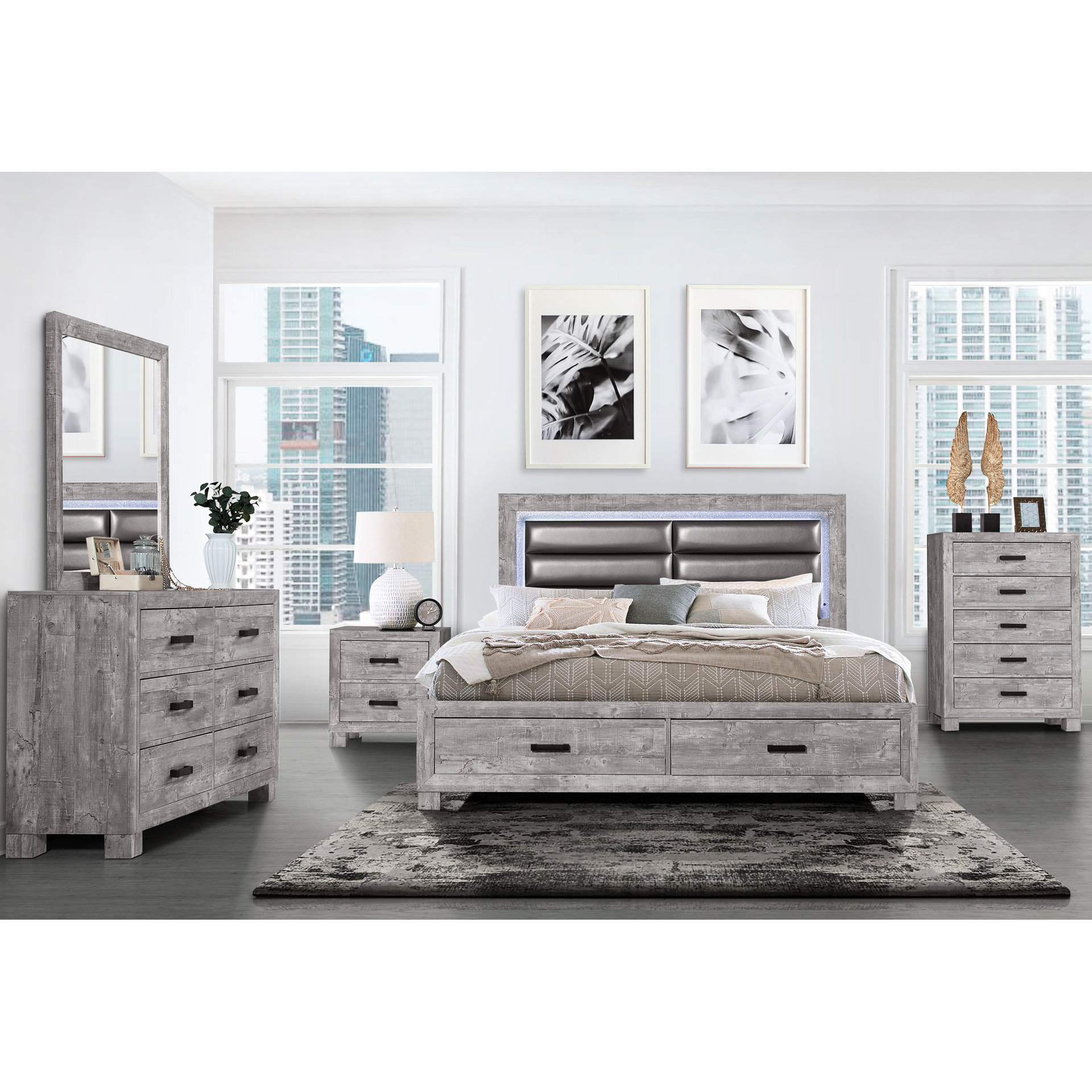 Gracie Oaks Grey Queen Bed In Sleek Gray Tones, With Storage, Padded ...