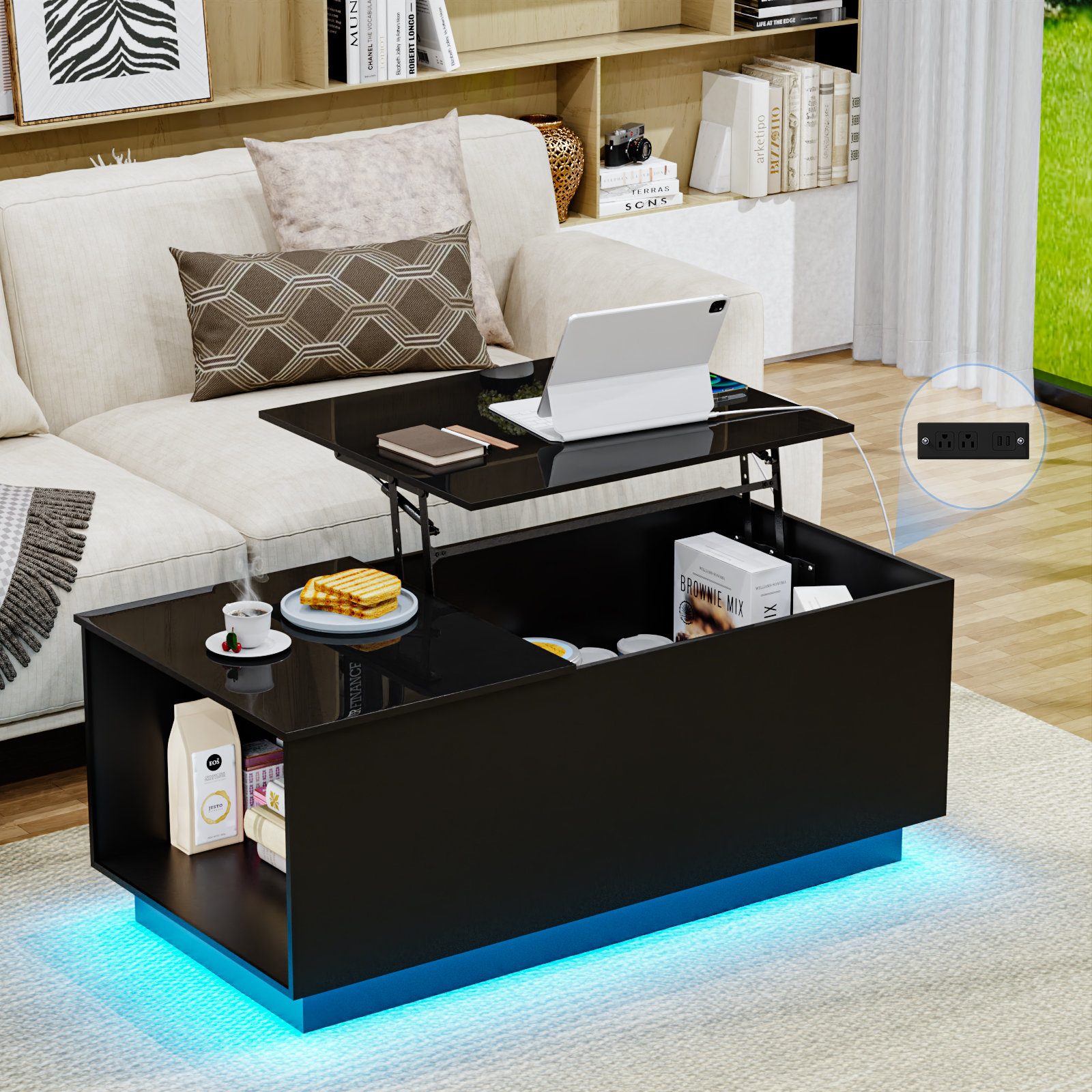 Wrought Studio Lift Top Coffee Table with Charging Station and RGB LED ...