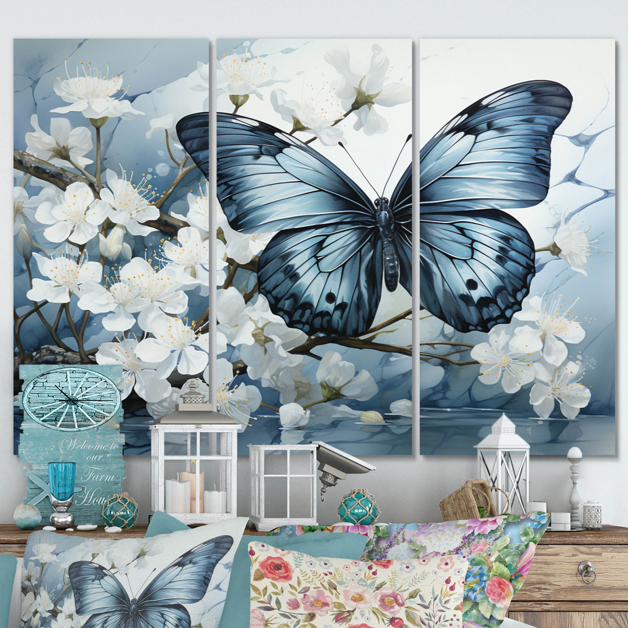 August Grove Blue White Butterfly Reflection - Animals Wall Decor Set ...