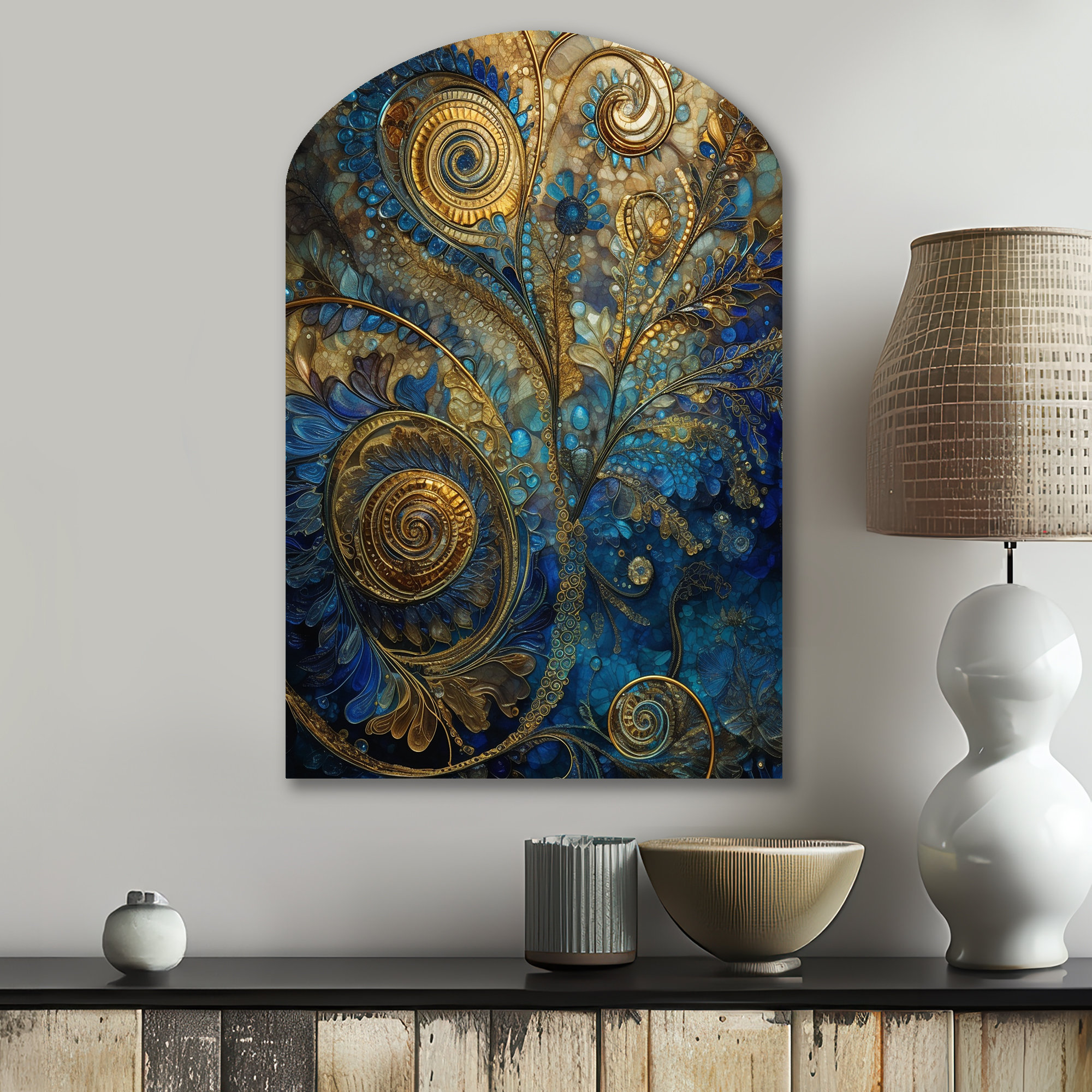 Design Art Blue And Gold Melodies Of Boho II - Boho Feather Arch Shape ...