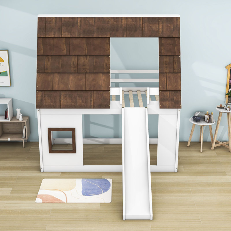 Harper Orchard Turing Kids Twin Over Twin Wood House Bunk Bed with Roof ...