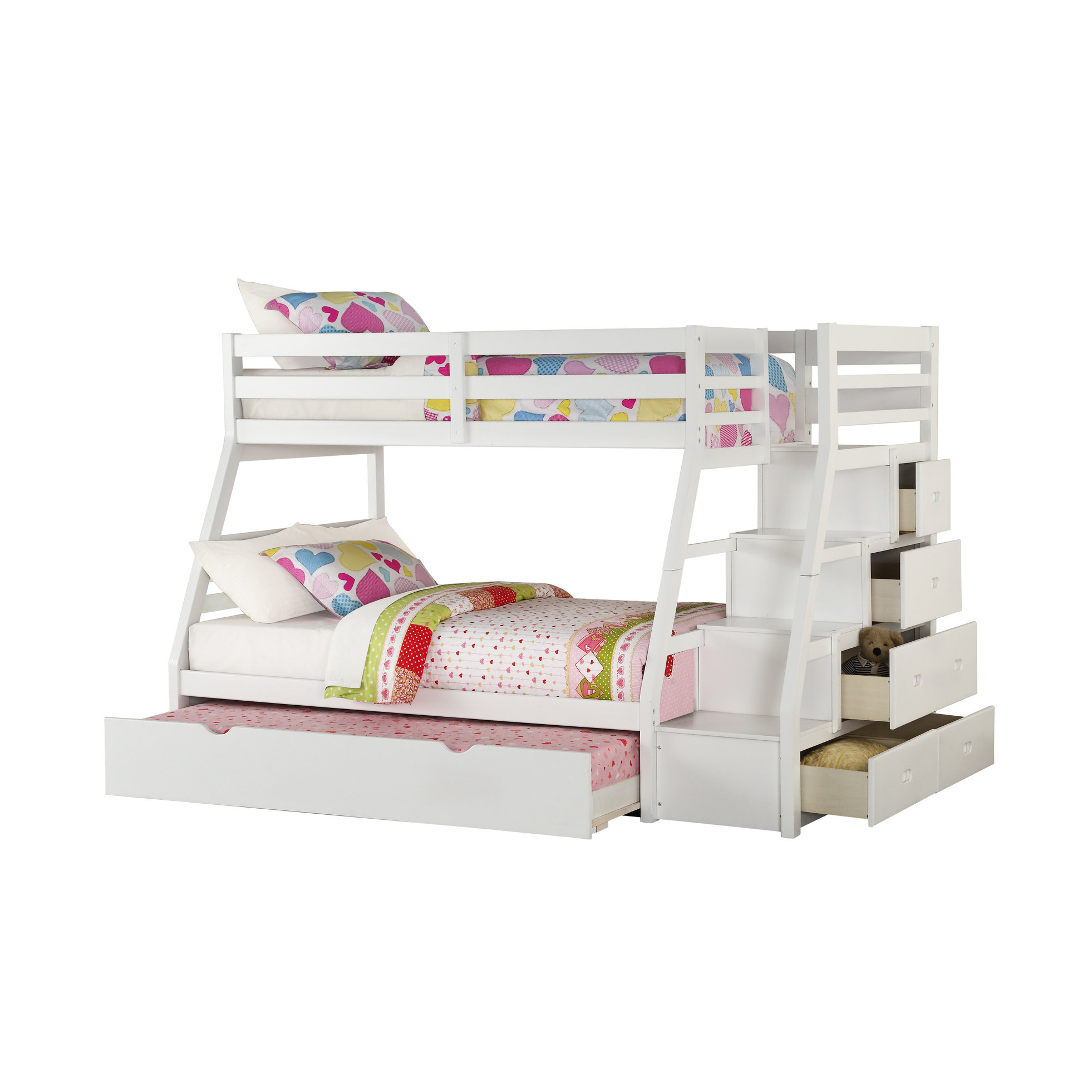 Harriet Bee White Finish Twin/full Bunk Bed With Trundle And Storage ...