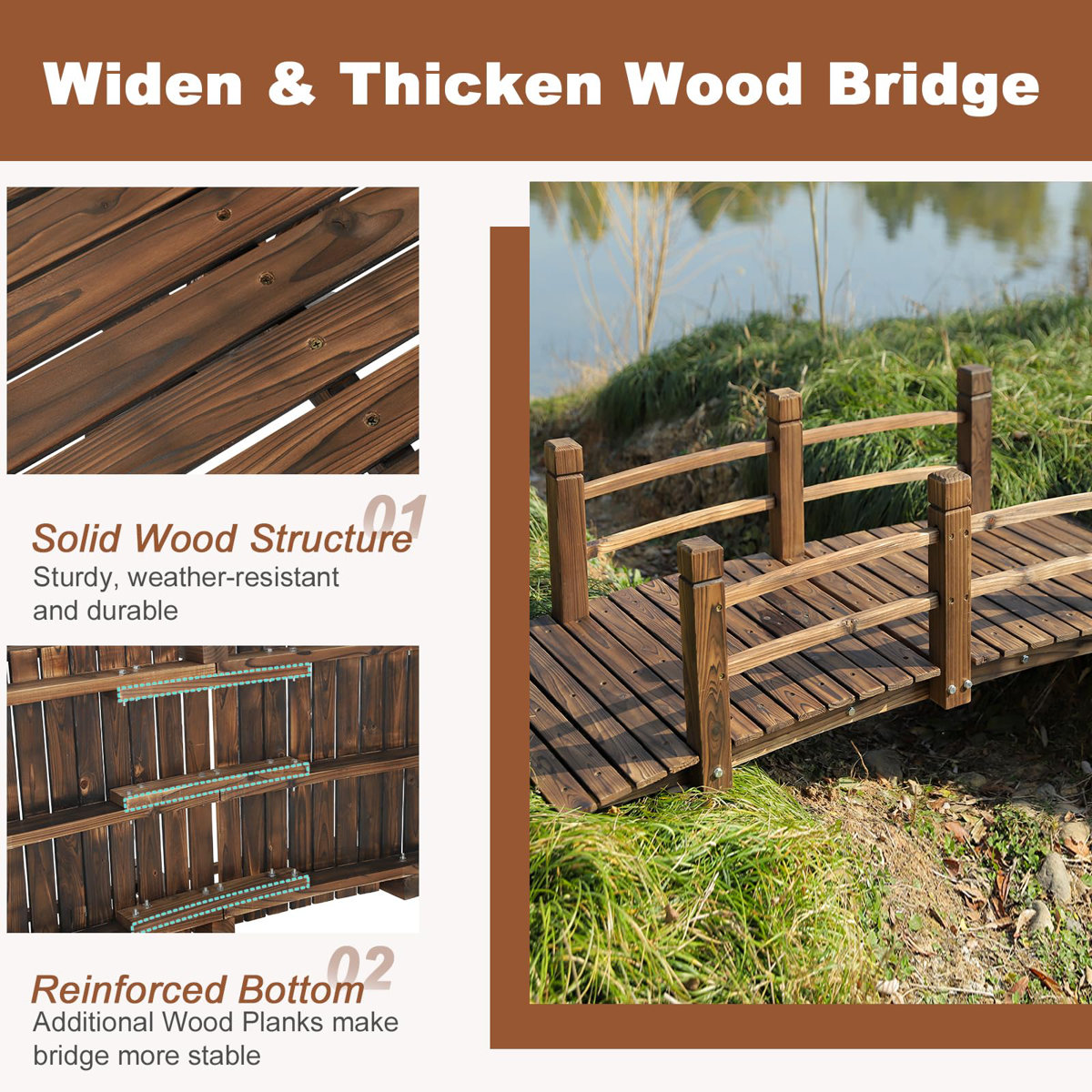 HOMEDIARY Fir Wood Garden Bridge, Outdoor Arc Footbridge Walkway With ...