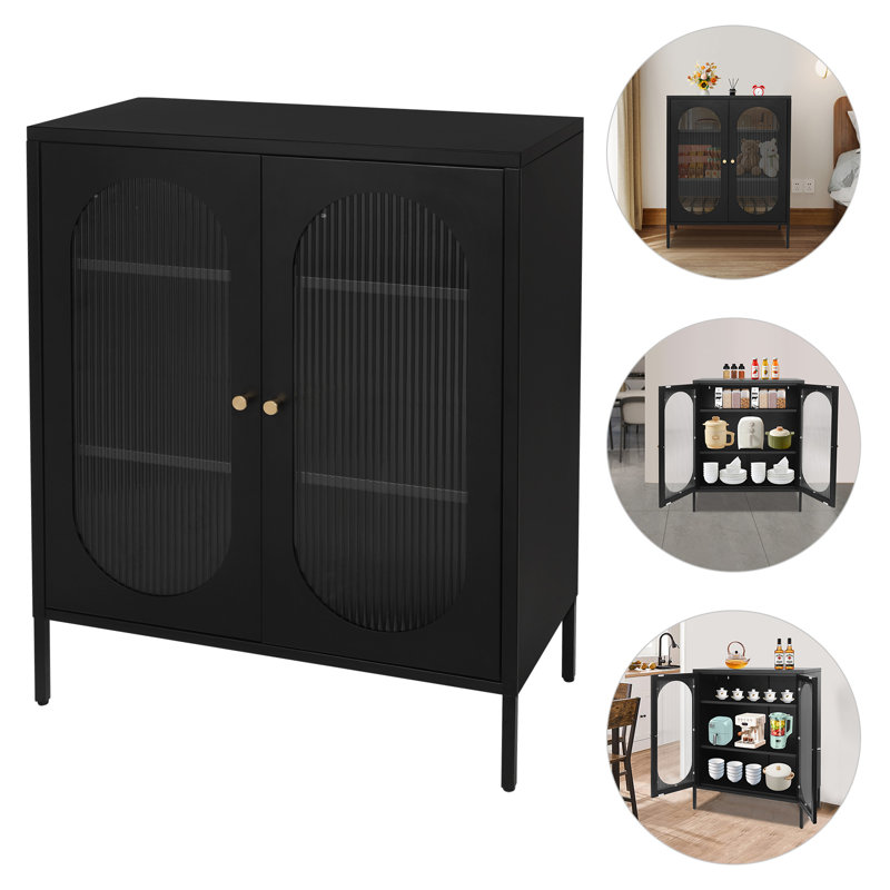 Ebern Designs Black Wrought Iron Sideboard Storage Cabinet Kitchen ...
