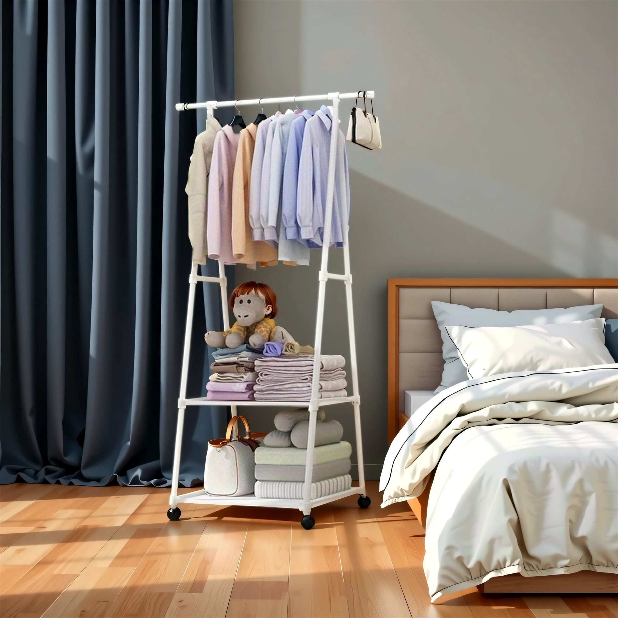 Rebrilliant Stainless Steel Rolling Clothes Rack With 2 Shelves And 2 ...