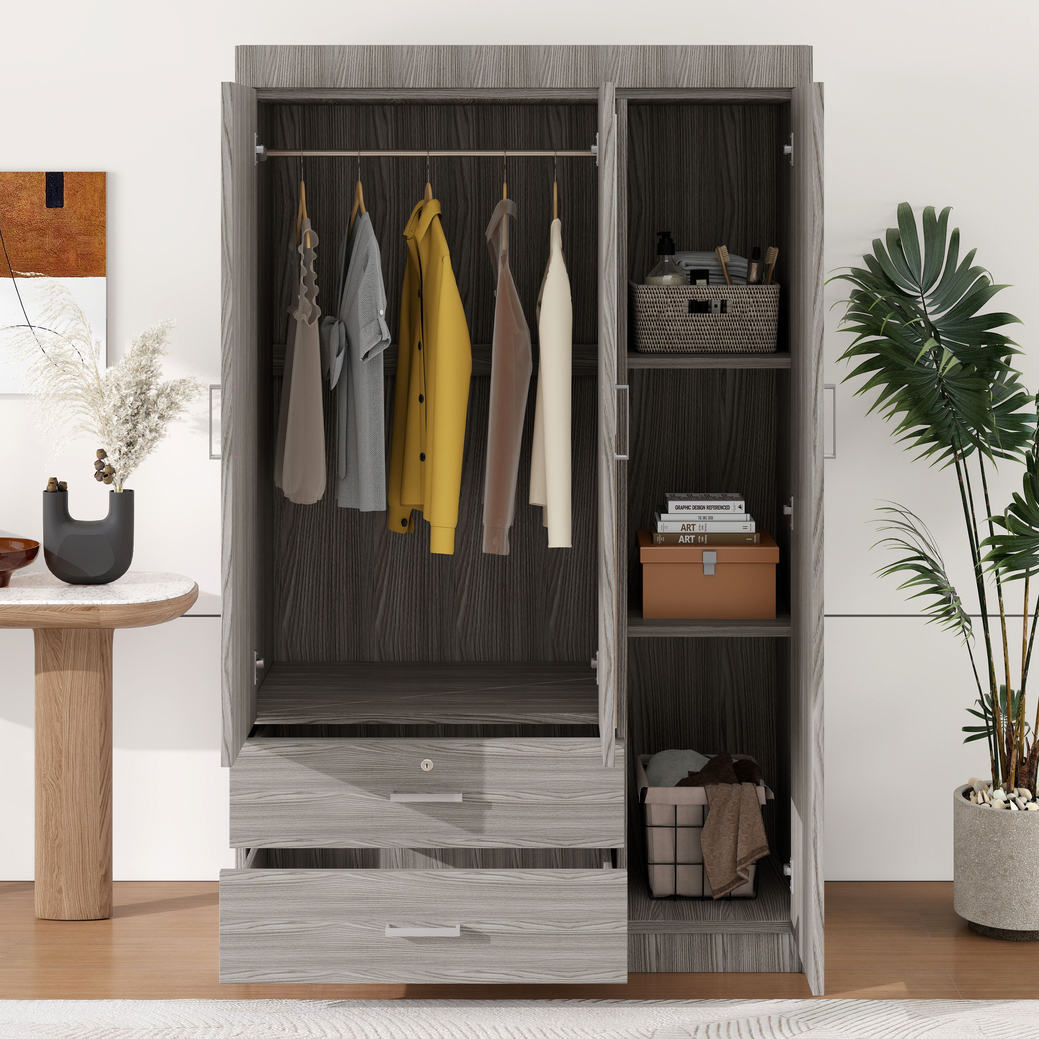 George Oliver 3 Doors Wardrobe With Mirror Door And Shelves, Wooden ...