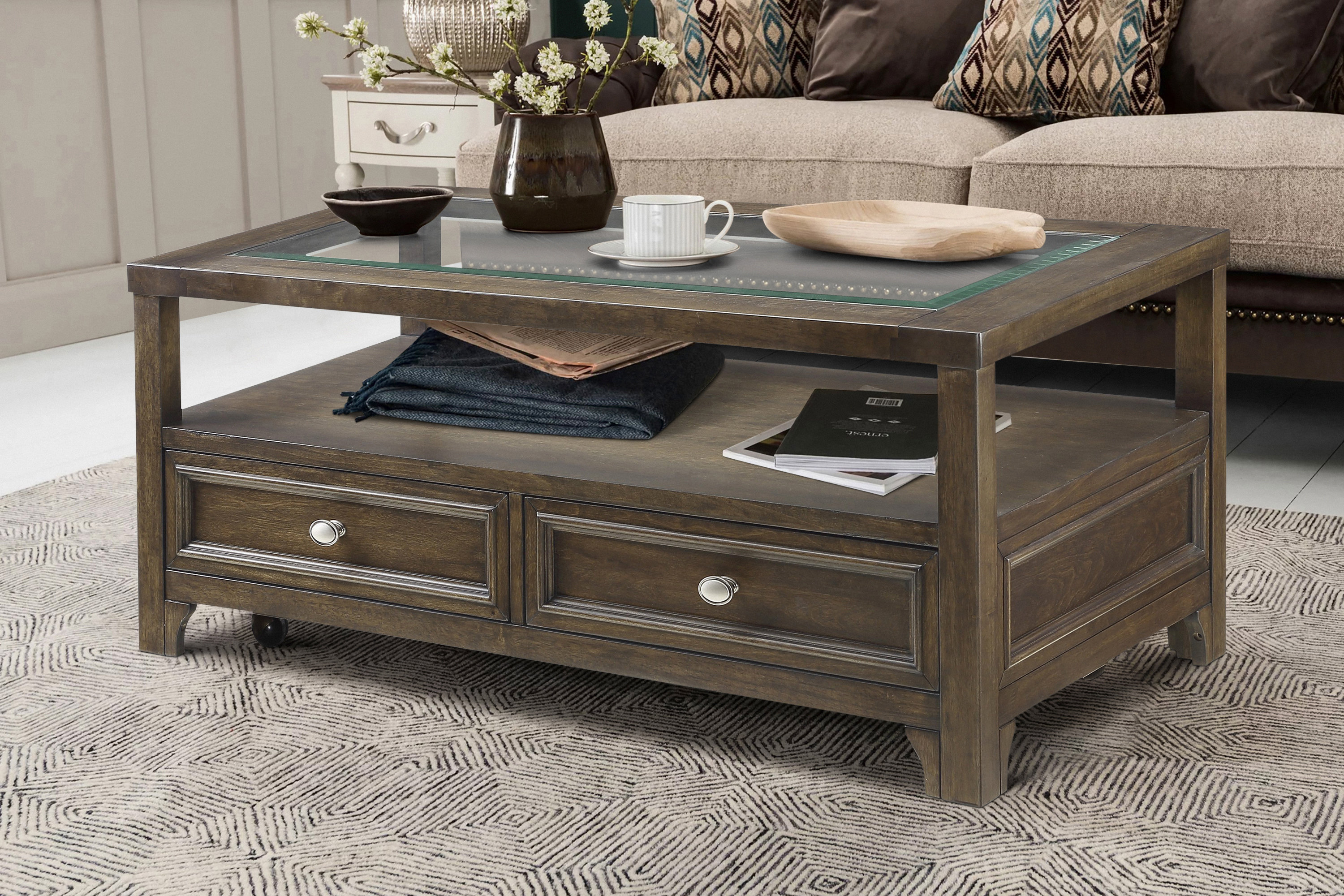 Rosalind Wheeler Saben 46 In. Charcoal Brown Rectangular Glass Top ...