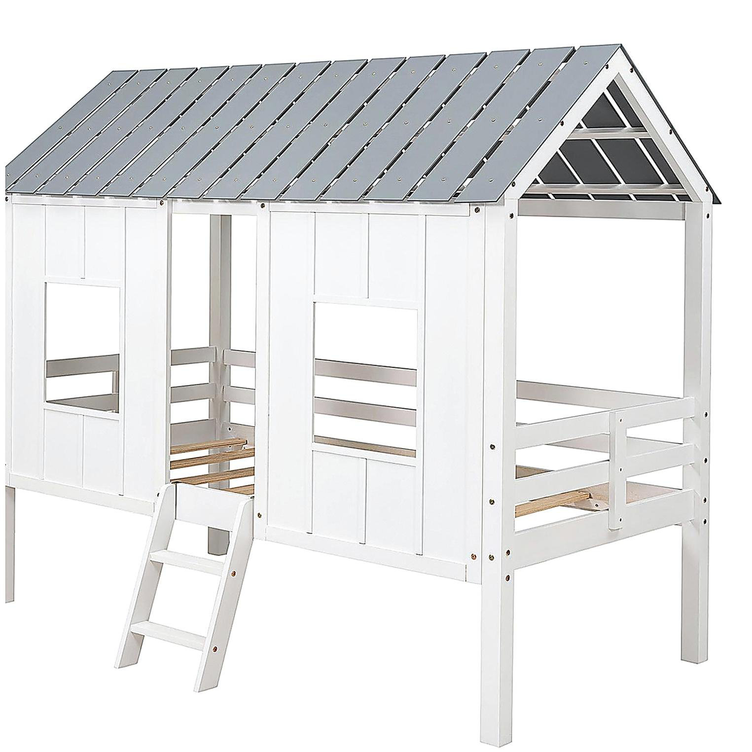 Latitude Run® Double-decker bed with a roof and two front windows ...