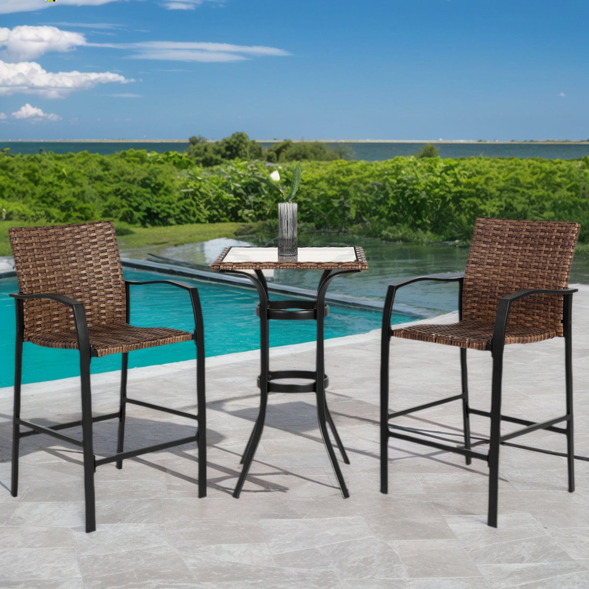 Lark Manor™ 3 Piece Patio Bar Set, Outdoor Wicker Counter Height Bar ...