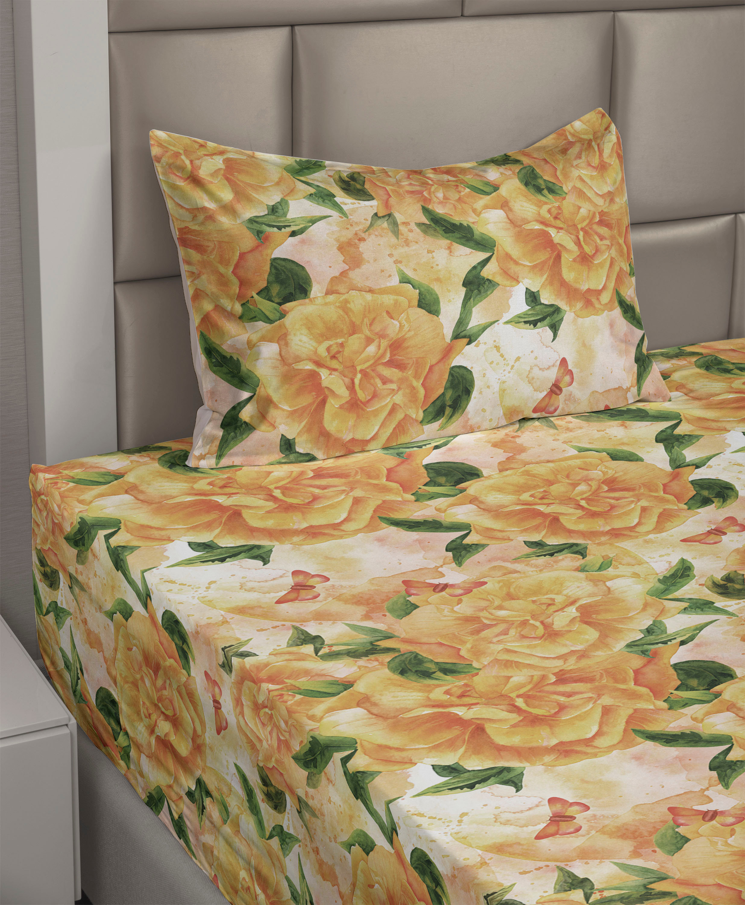 Ambesonne Springtime Sheet Set Tangerine Tone Roses Art Orange Green ...