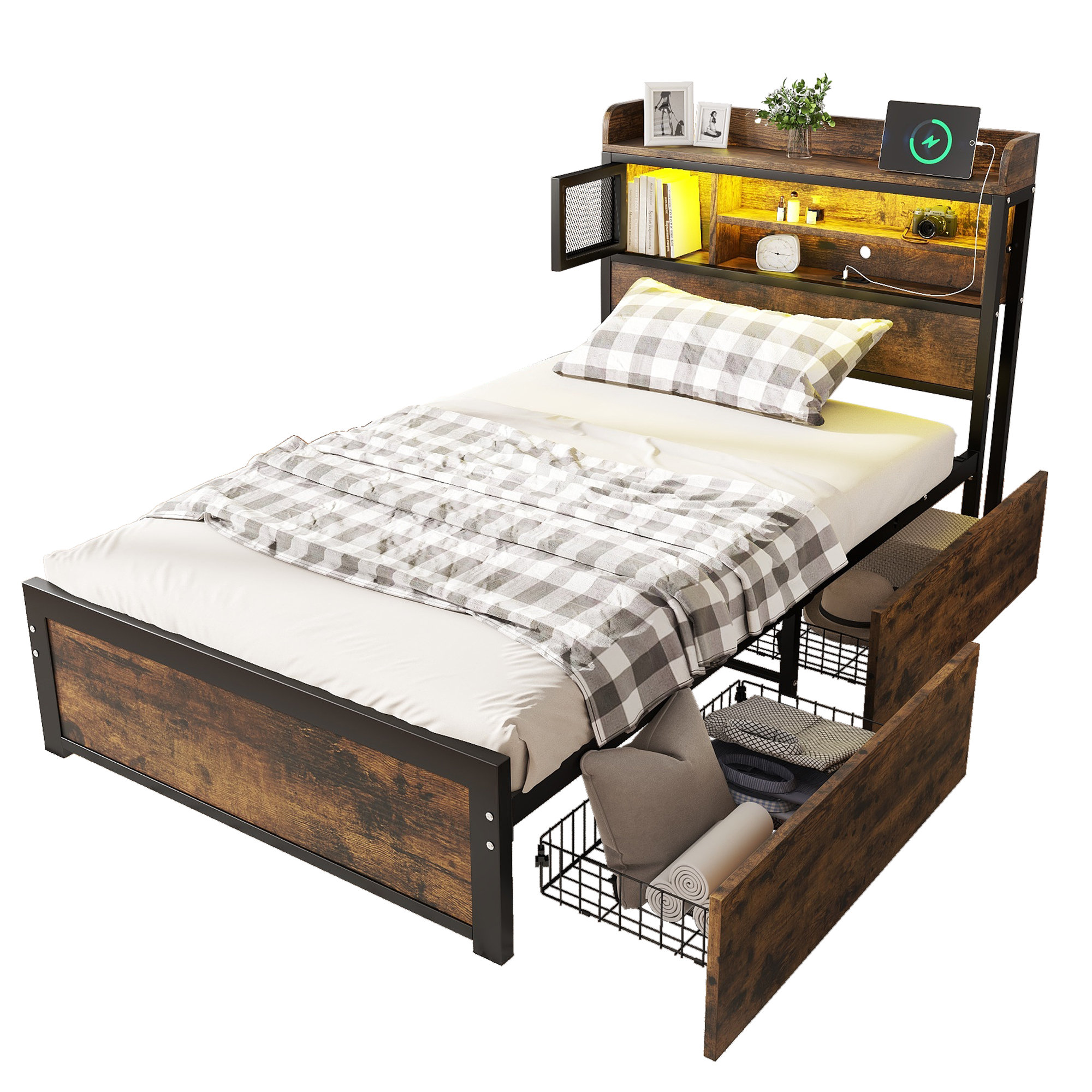Metro Lane James Metal Single Bed with LED Strip, Drawers & USB Ports ...