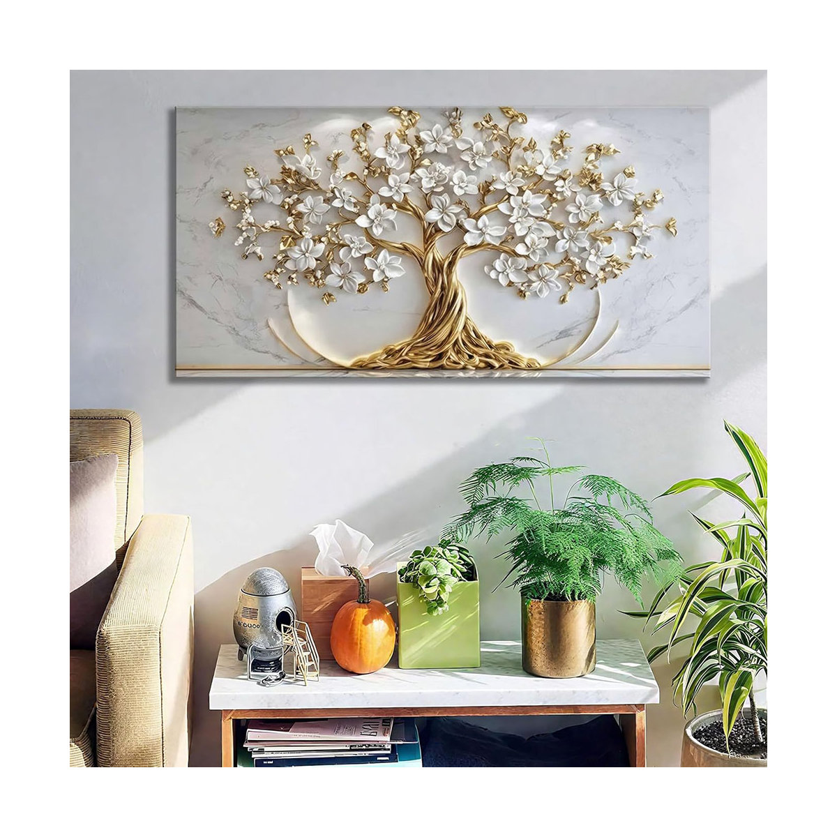 Mercer41 Framed Tree Of Life Canvas Wall Art Gold White Flowers Wall ...
