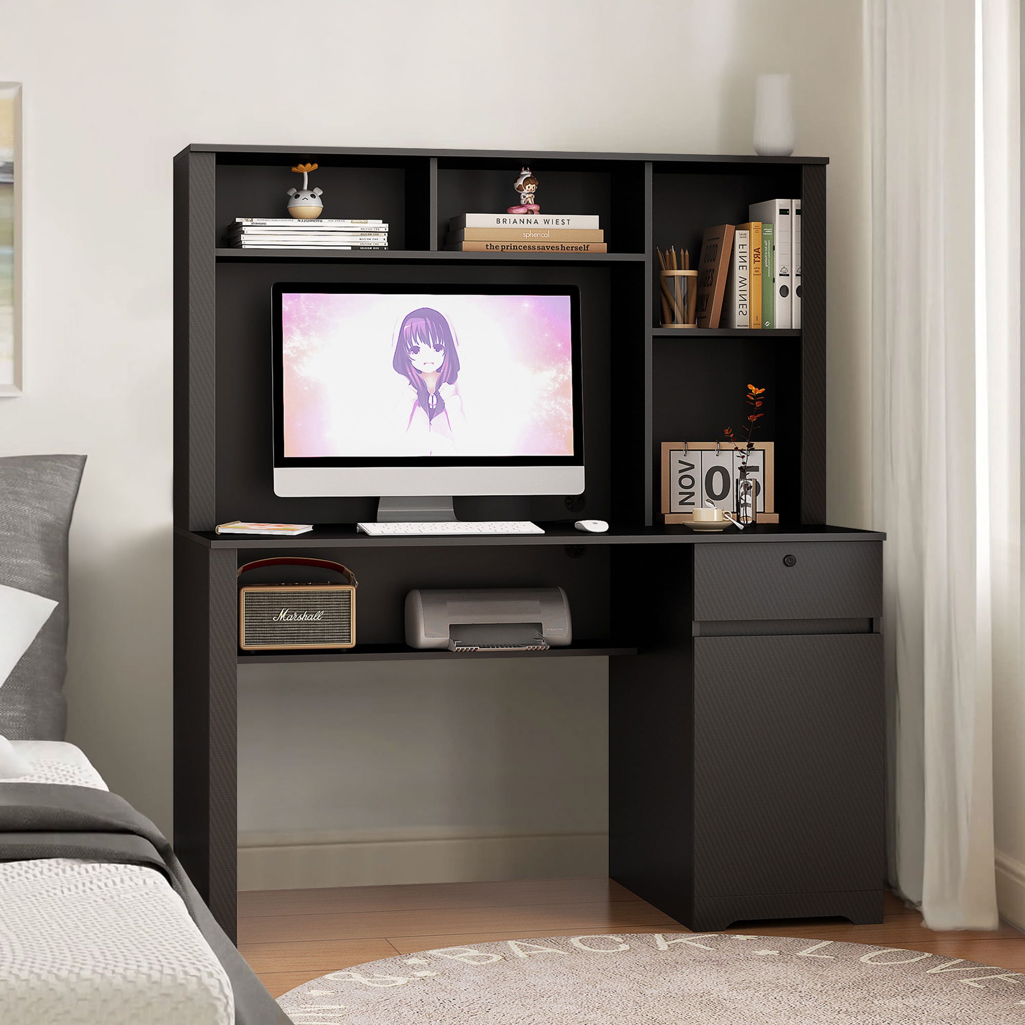 Ebern Designs Computer Desk Cabinet With Bookshelf, Wooden Executive ...