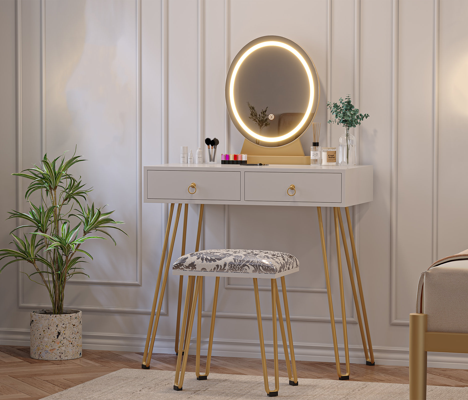 Mercer41 Table With Mirror Lamp,dressing Table With Upholstered Stool ...