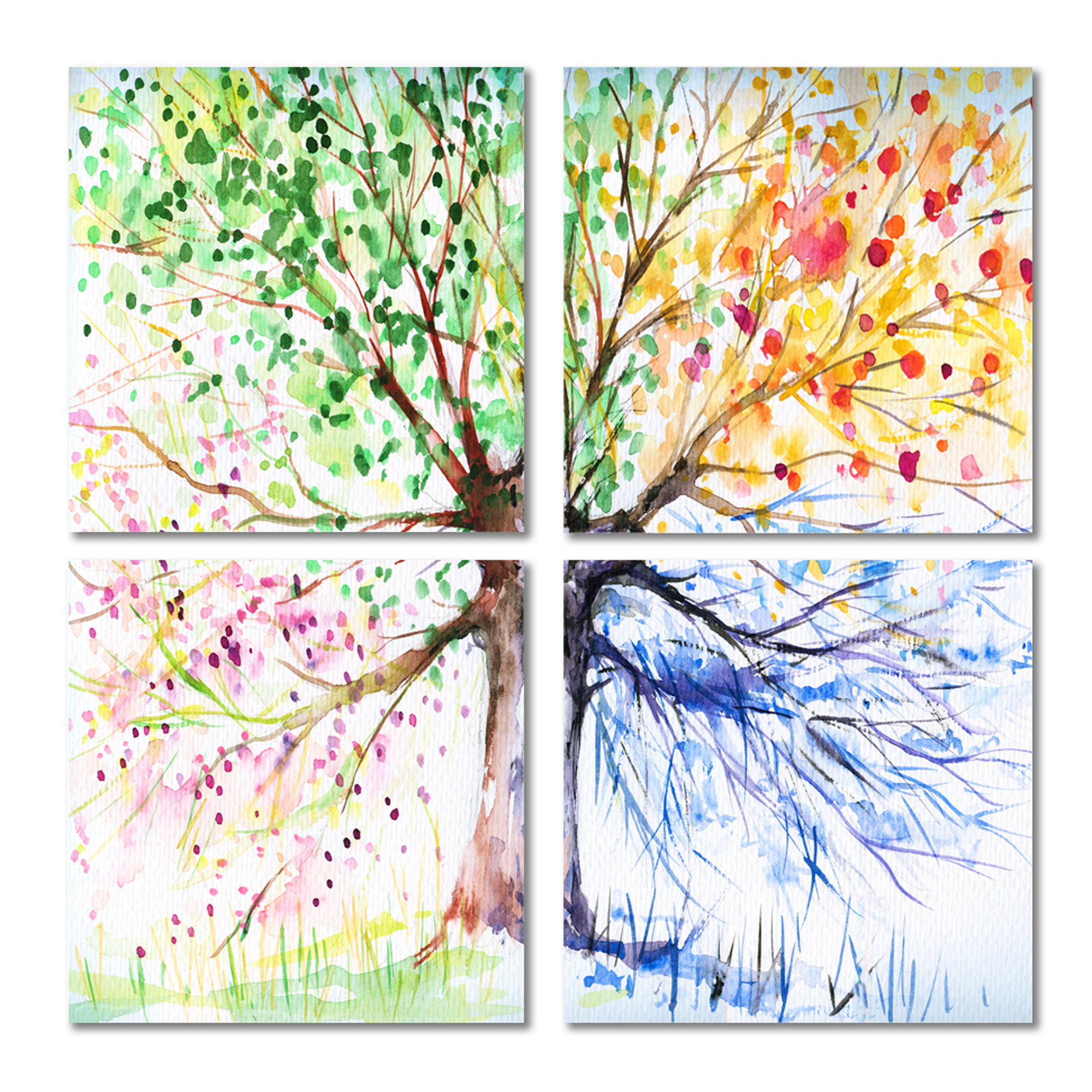 Latitude Run® Four Seasons Tree - Floral Canvas Wall Art Print 4 Piece ...
