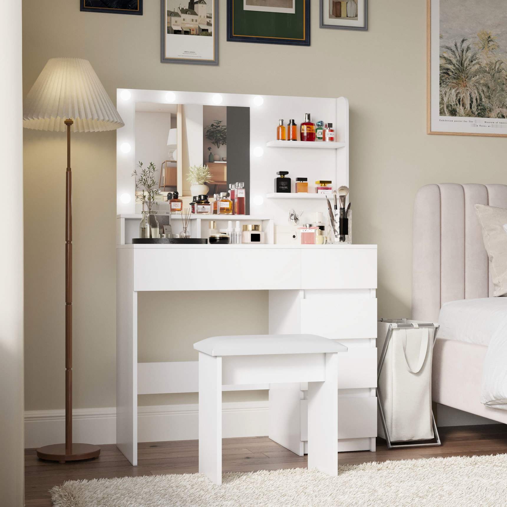 Ebern Designs Makeup Table With Mirror & Power Strip, 2 Ports, Ample ...