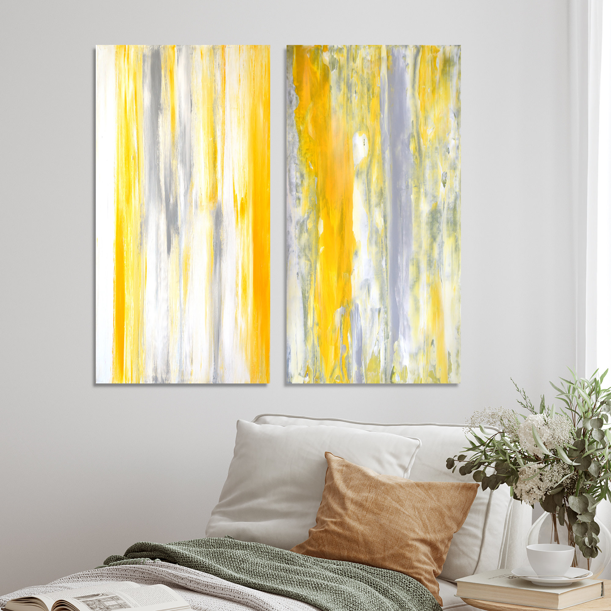 Ivy Bronx Yellow and Gray Merging Abstract - 2 Piece Graphic Art Set on ...