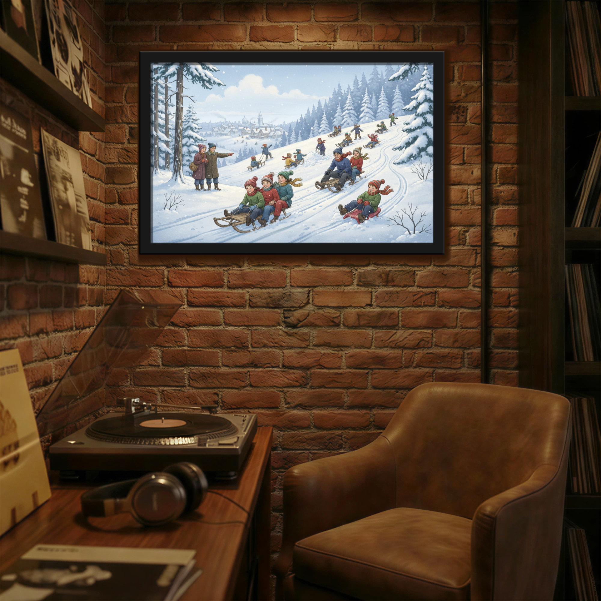 Foundry Select Christmas Winter Scene With People Sledding On Snowy ...