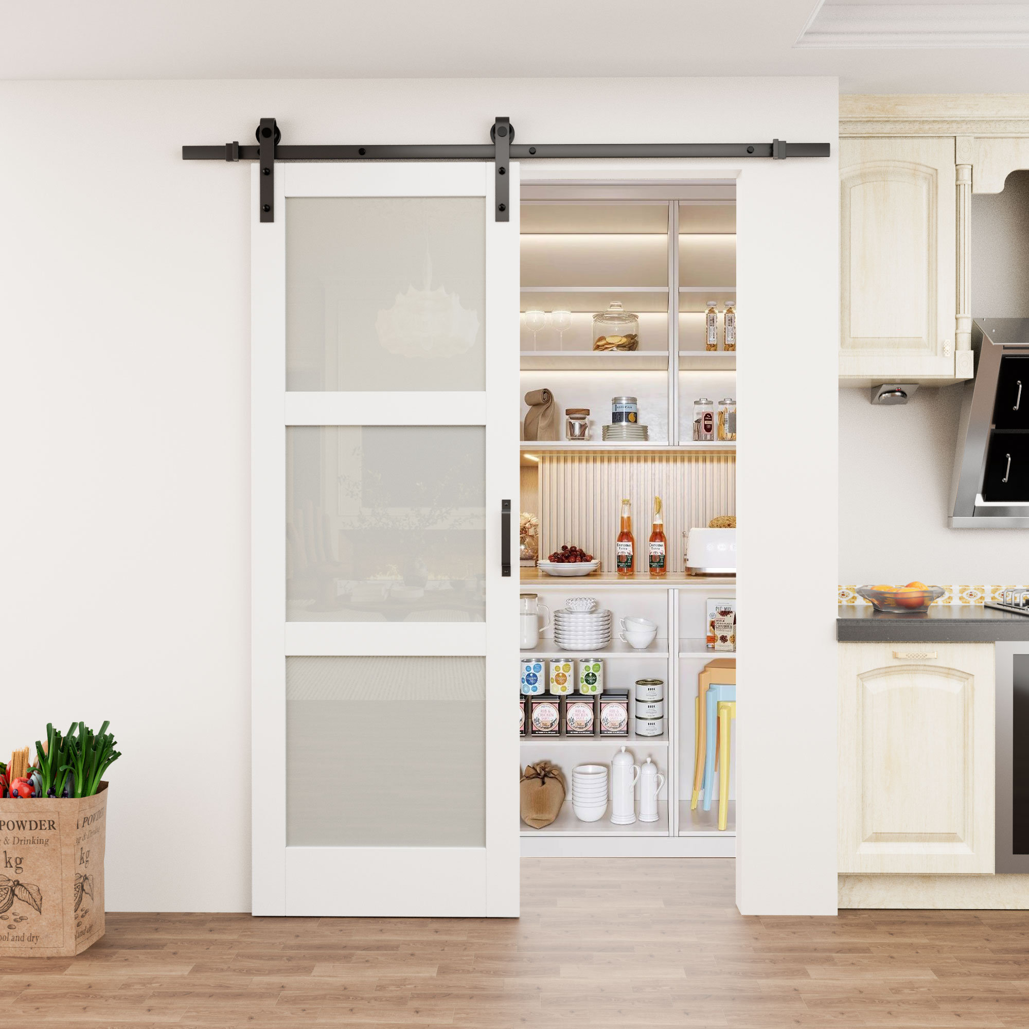 Win Stellar 3-Lite Frosted Glass Sliding Barn Door MDF Solid Wood ...