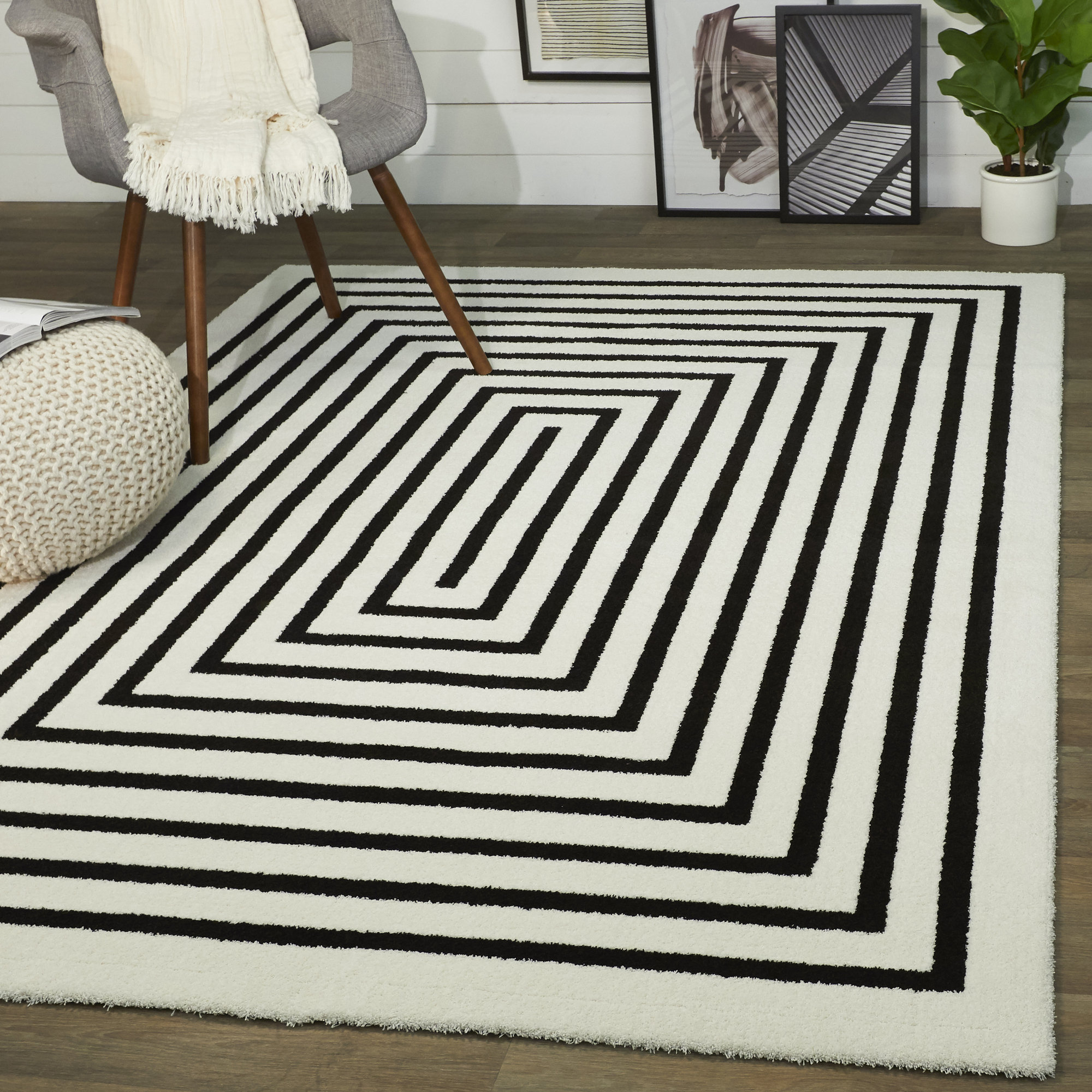 Latitude Run® Domunique Geometric White/Black Area Rug & Reviews | Wayfair