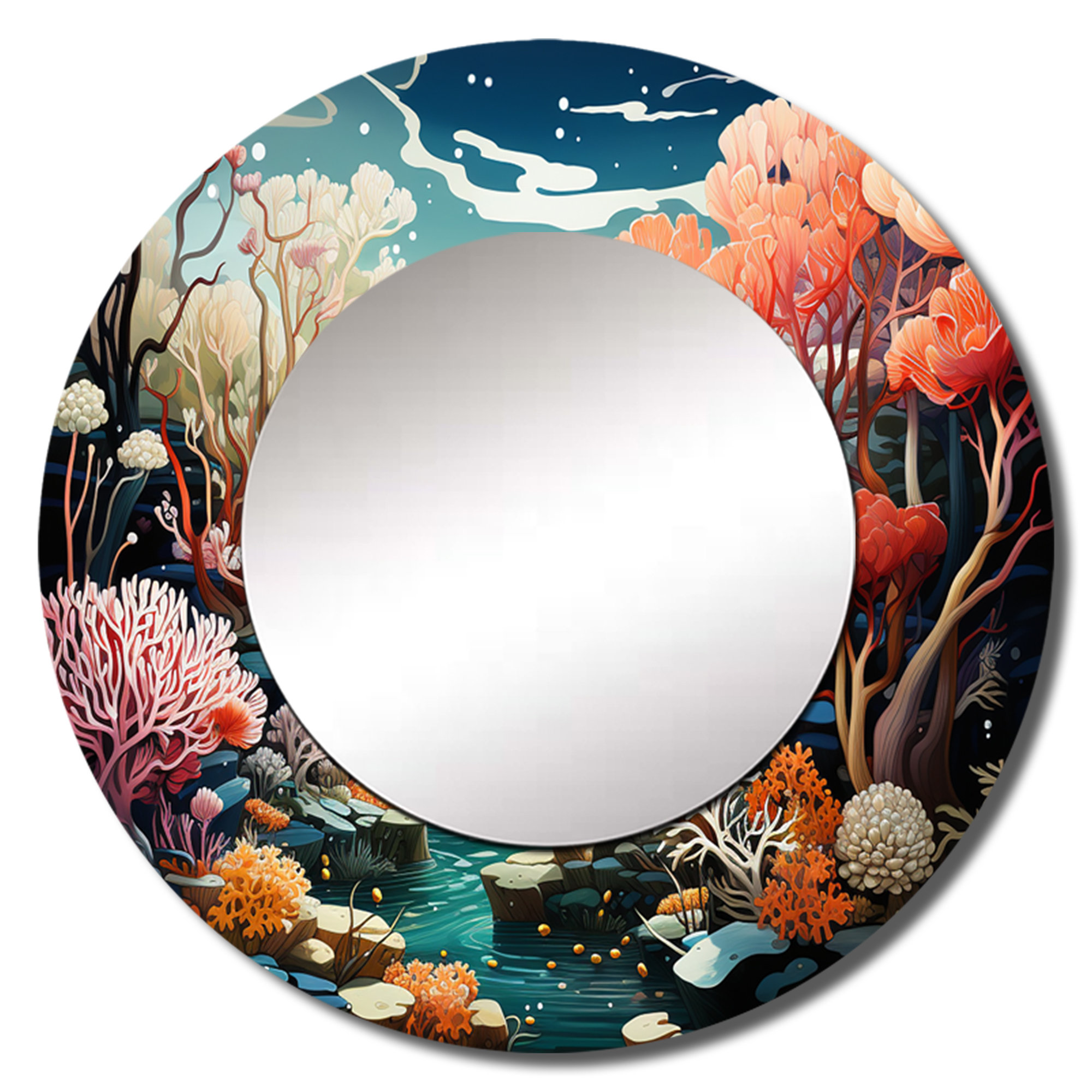 Design Art Underwater Coral Reef Depths II - Coral Mirror, Modern Round ...
