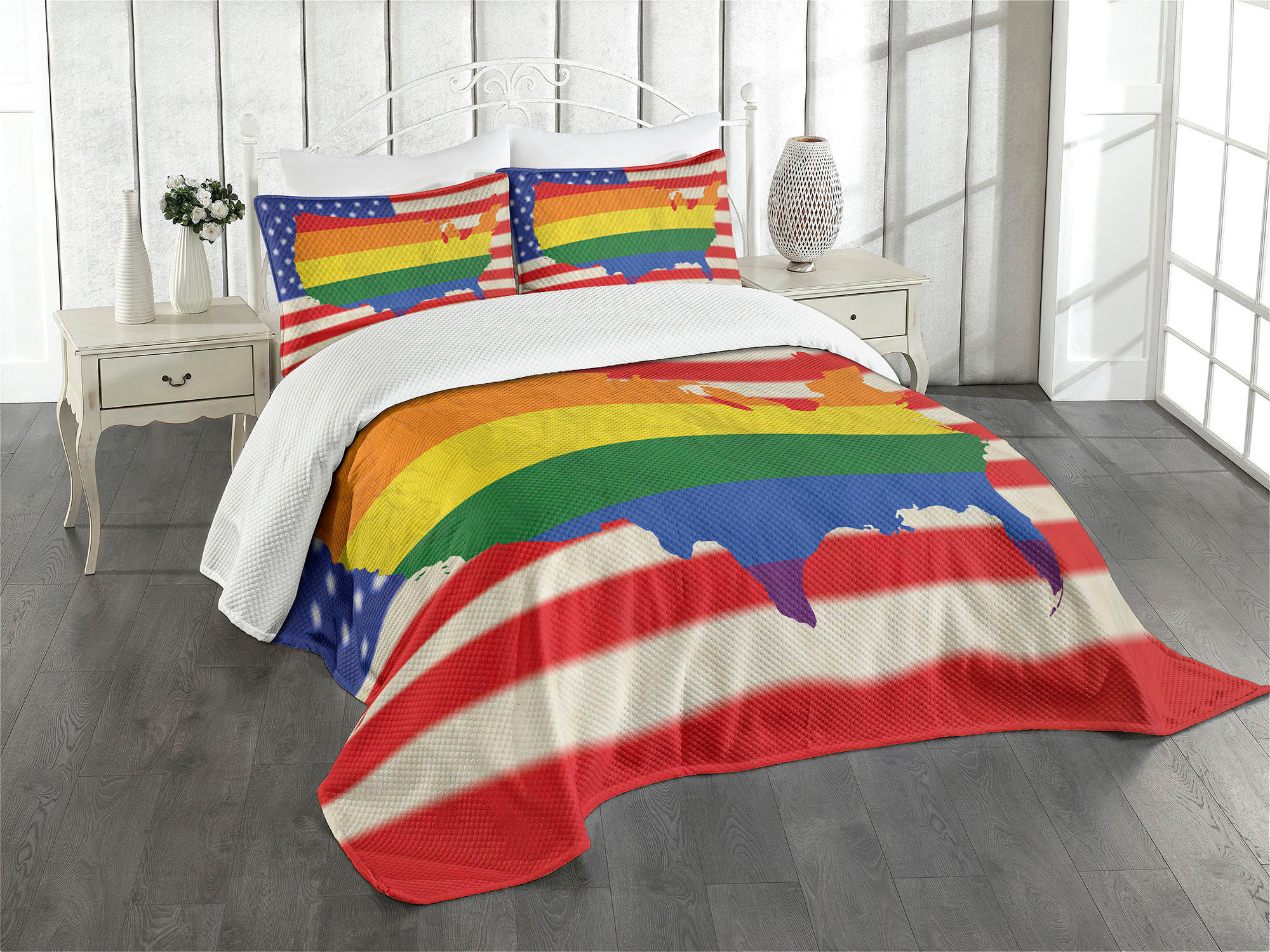 Ambesonne Pride Bedspread Set 3 Pcs USA Flag Gay Rights King Multicolor ...