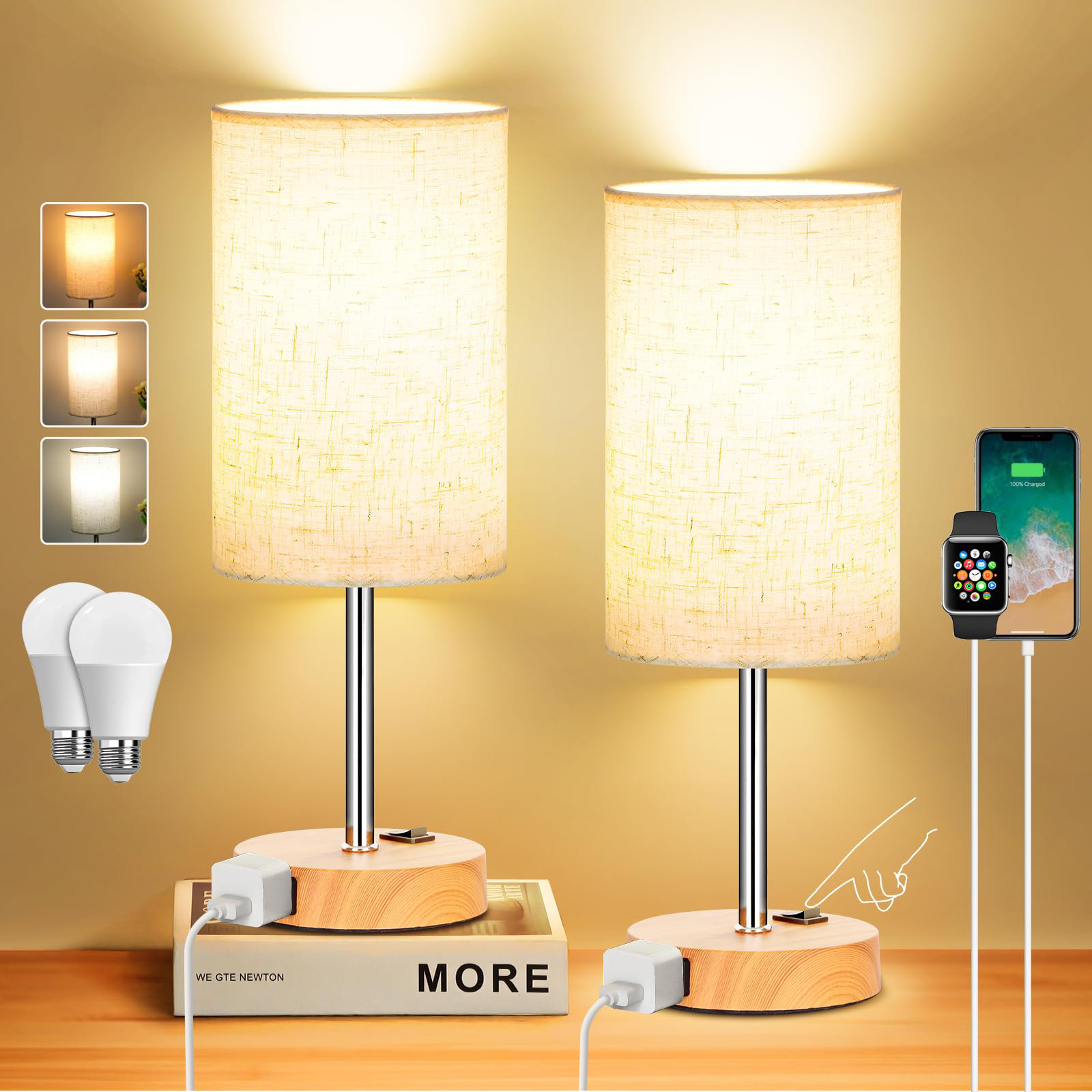 17 Stories Bedroom Table Lamps Set Of 2 - Dimmable 3-Way Switch ...