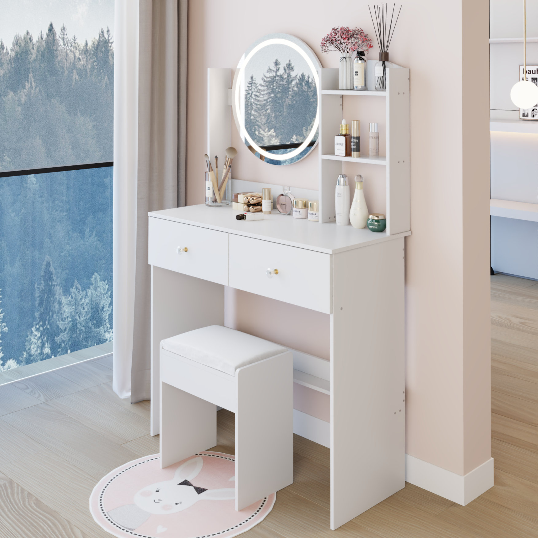 Wrought Studio™ Modern Round LED Mirror Dresser, Upholstered Stool, 2 AC+2 USB Power Outlets ...