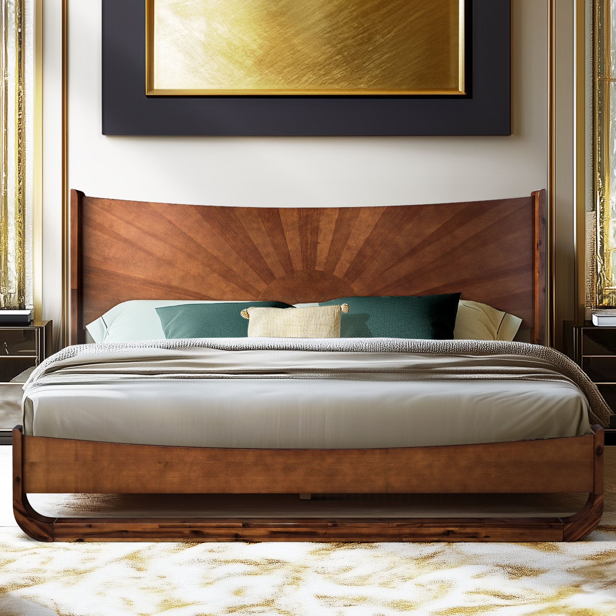 Loon Peak Sunset Solid Wood Bed Frame Solid Wood Bed Frame with Artistic Patterned Headboard ...