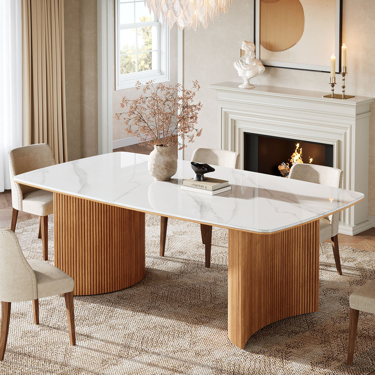 Ivy Bronx 78.7" Sintered Stone Dining Table, Luxury White Marble ...