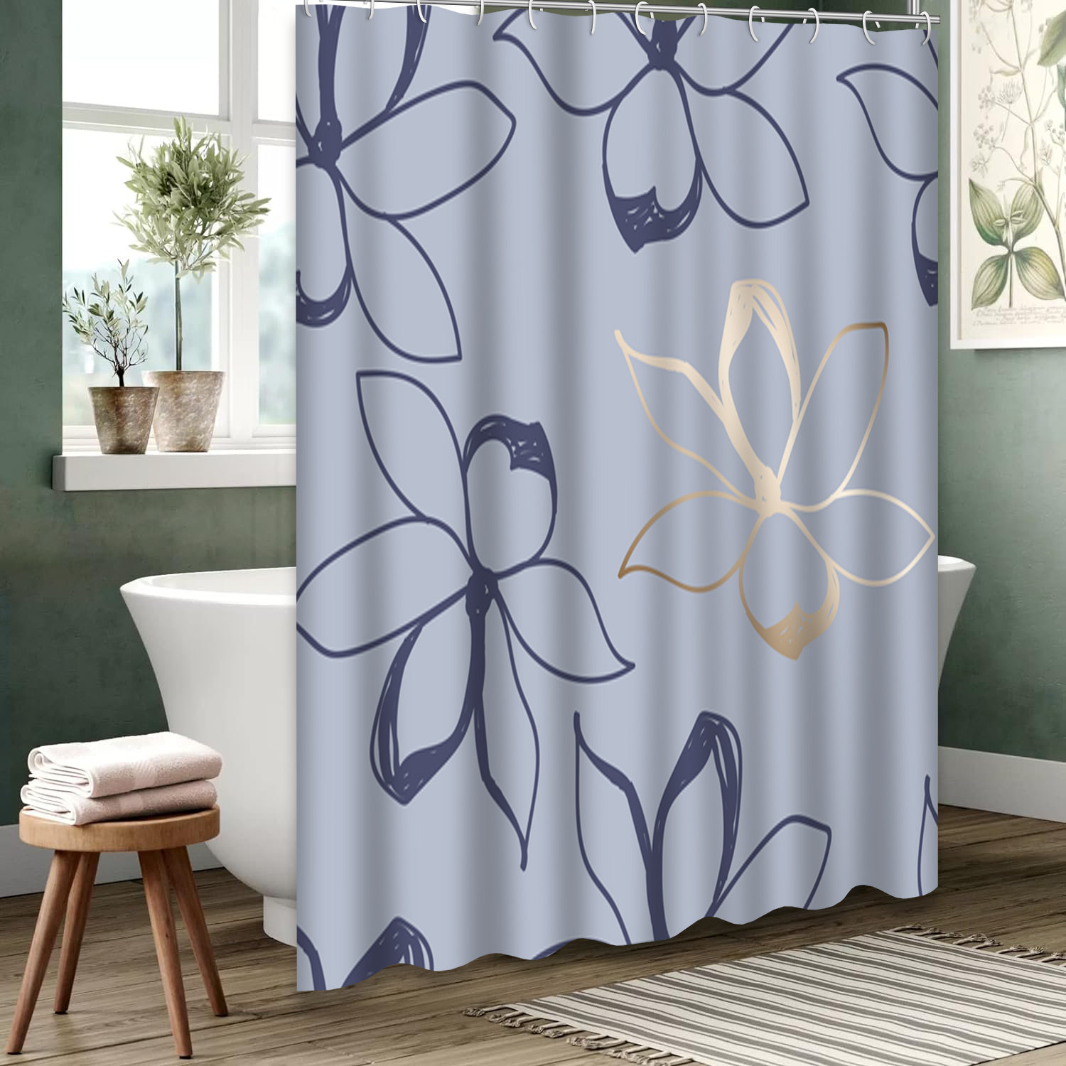 East Urban Home Blue Gray Waterproof Shower Curtain,Floral Pastel ...