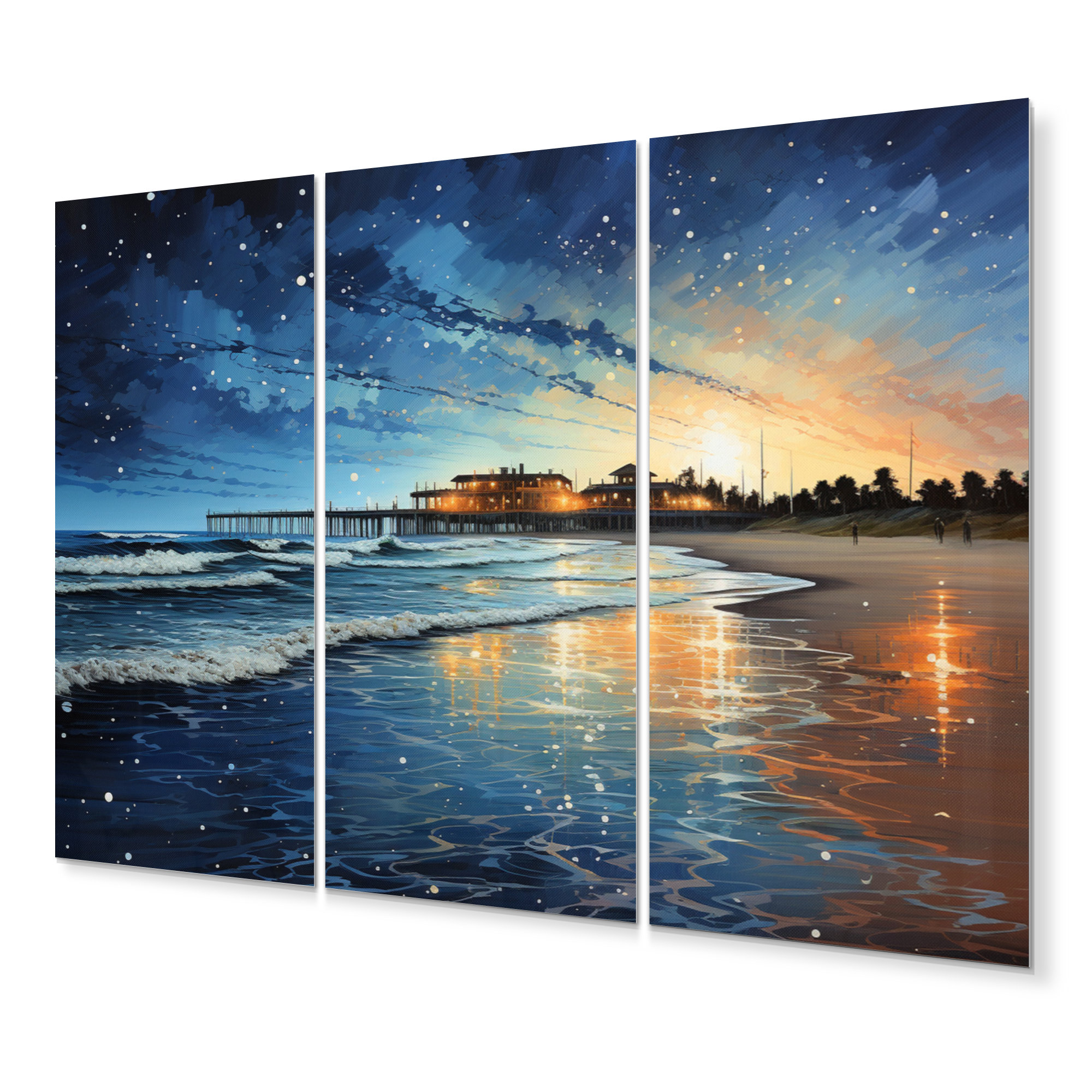 Design Art Beach Pier Reflections Pointillism I - Landscapes Metal Wall ...