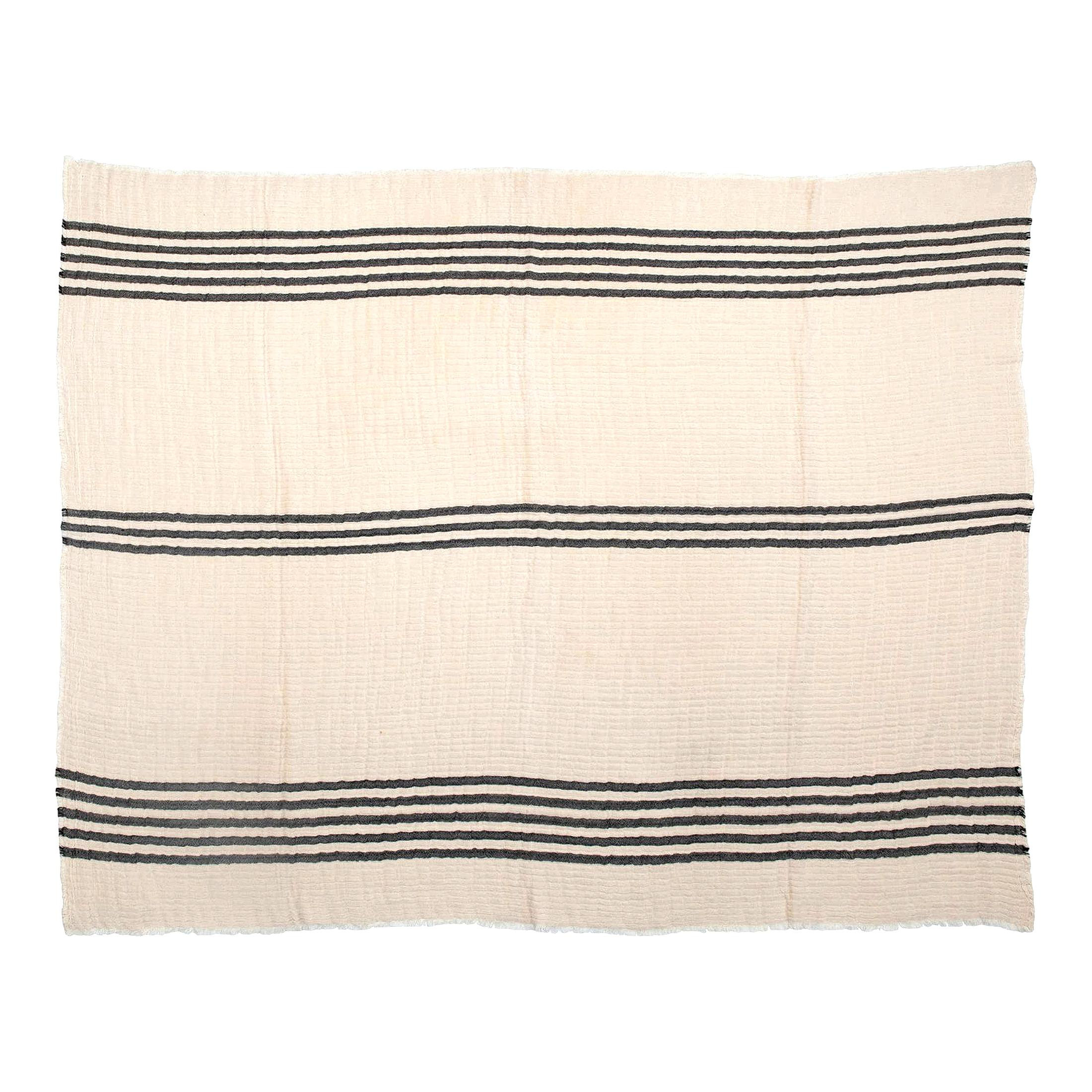 BRBCA Coastal Stripe Woven Cotton Blanket with Frayed Edges - Cream ...