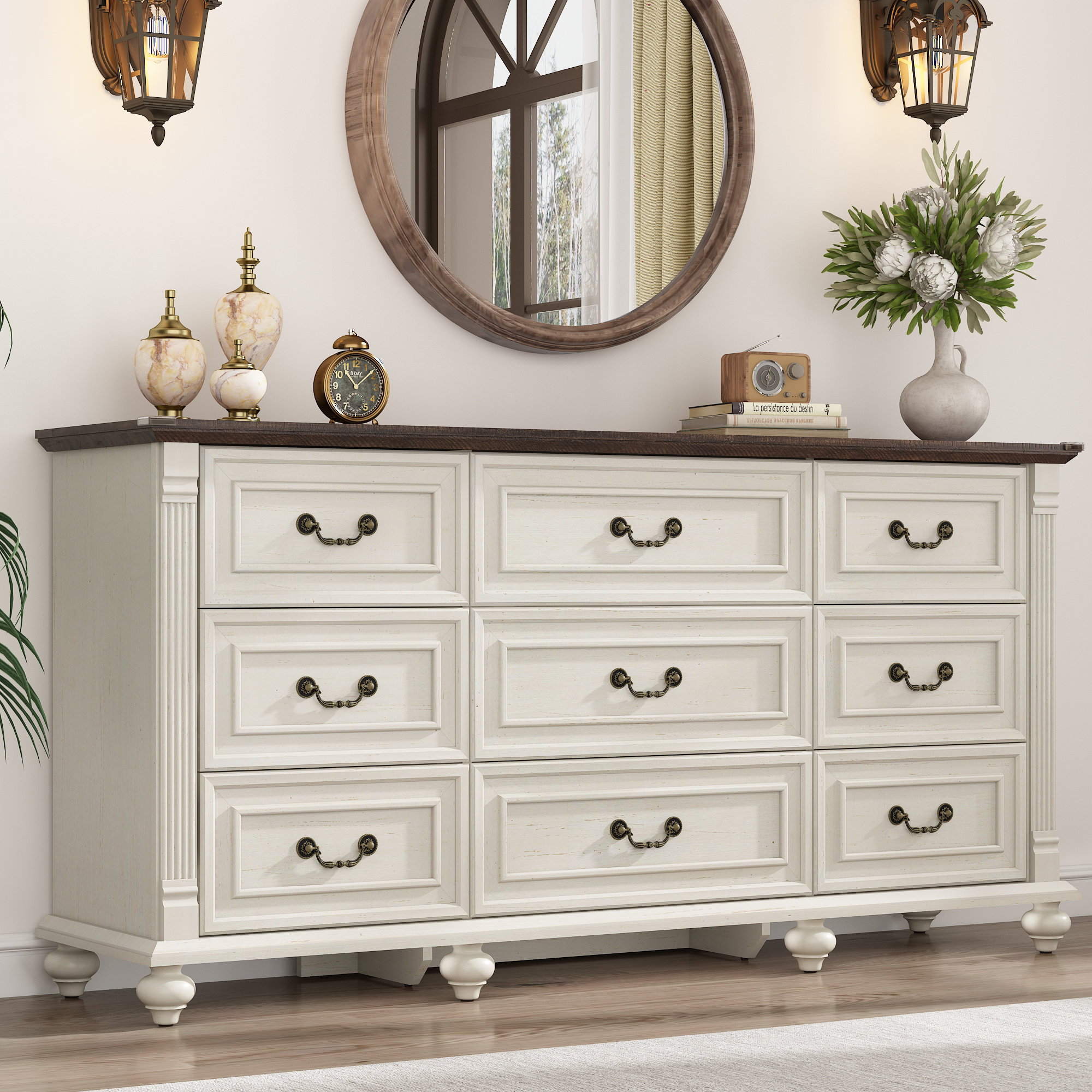 Charlton Home 63" Farmhouse 9 Drawer Wood Dresser For Bedroom With 6 ...