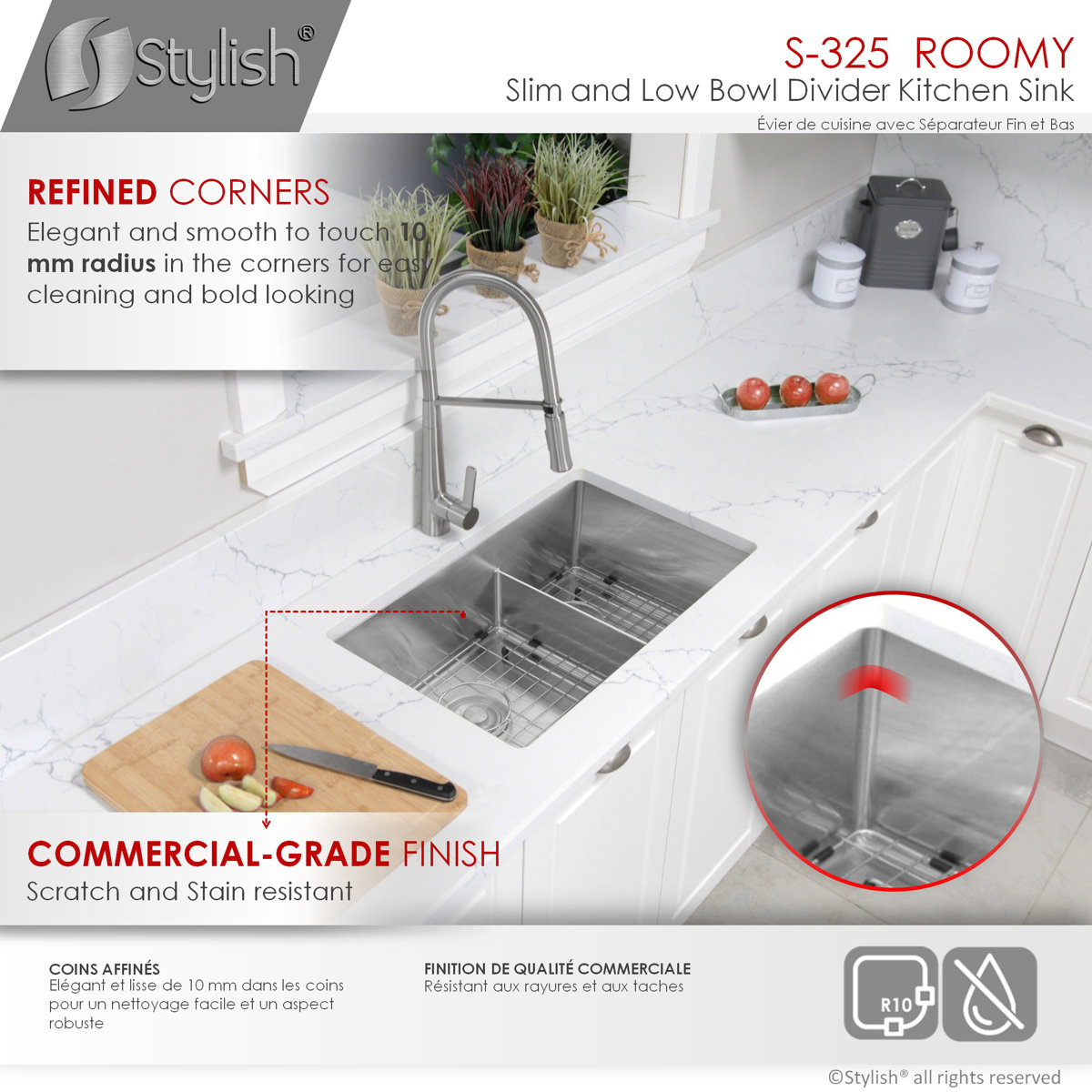 STYLISH 32 inch Low Divider 60/40 Double Bowl Undermount Kitchen Sink ...