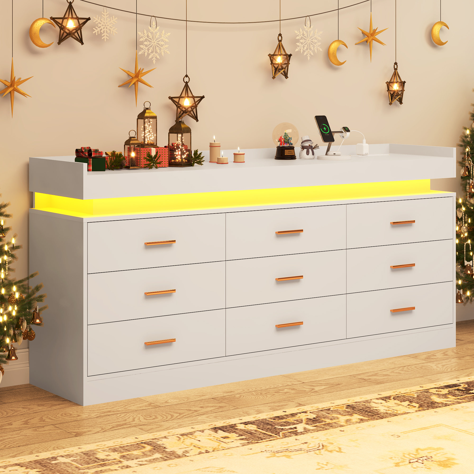 Ivy Bronx Anstein 9 - Drawer Dresser with LED Strip and Quick-charging ...