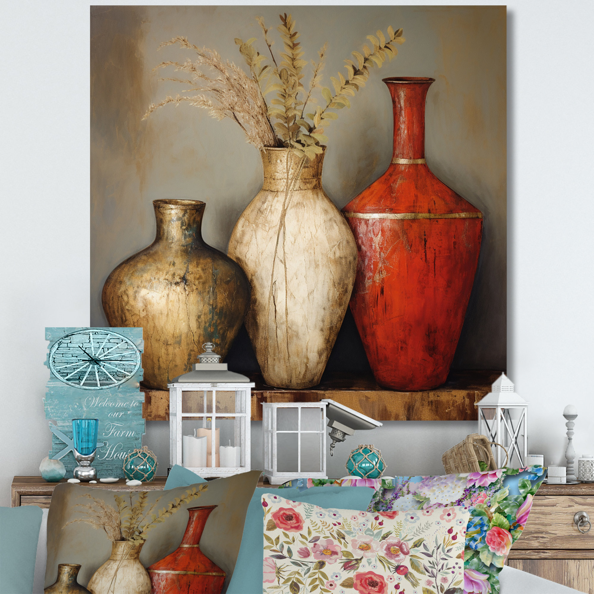 Dakota Fields Cottage Red Vases Dried Wheat Flowers On Canvas Print ...