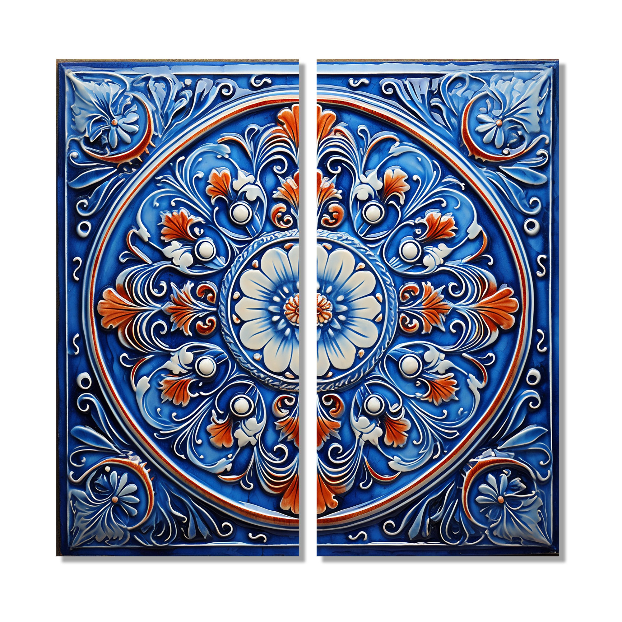 Dakota Fields Floral Boho Blue And Orange Tile Mosaic 4 - Large Boho ...