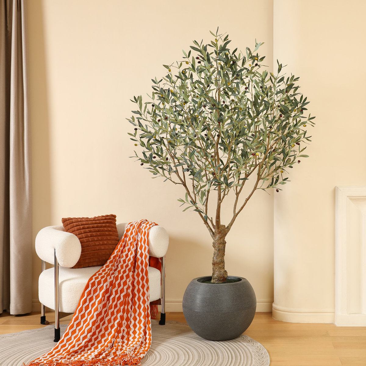 Primrue Adcock 7ft UV Resistant Fake Olive Tree with Grey Tall Planter ...